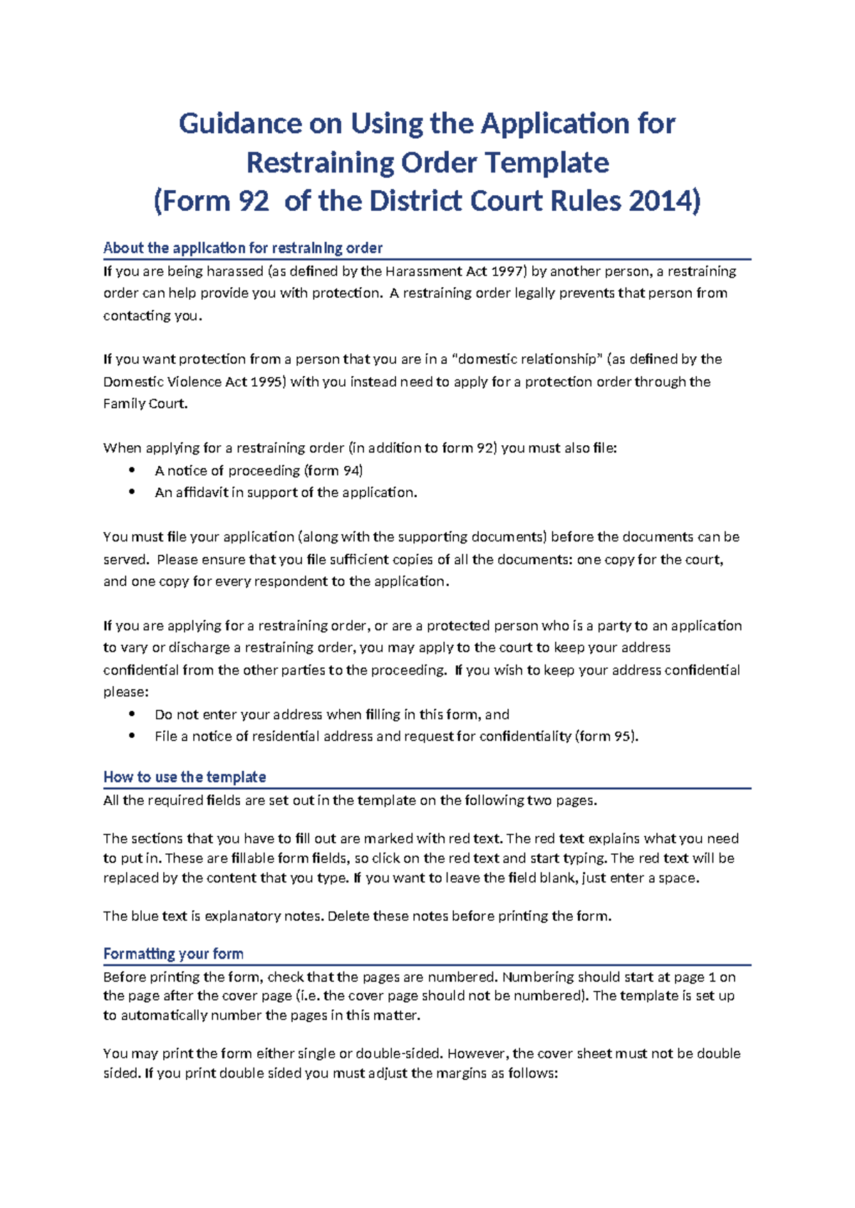 Form 92 Application for Restraining Order - Guidance on Using the ...