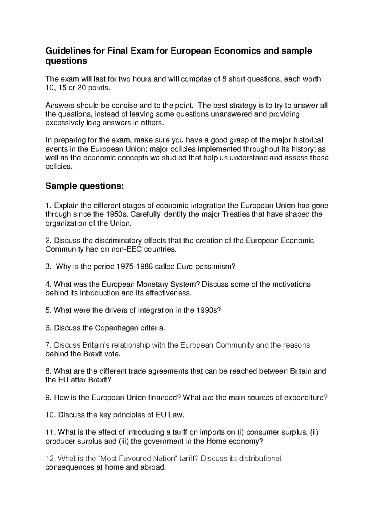 Final Exam Guidelines and Sample Questions for EU Economics - Studocu