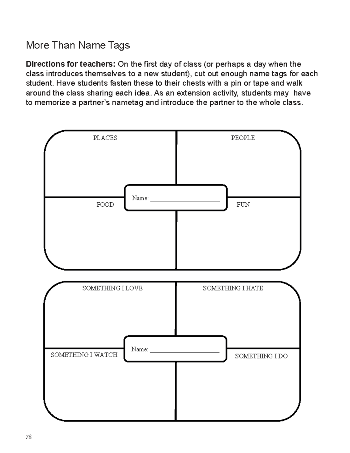 Icebreaker Template - 78 More Than Name Tags Directions for teachers ...