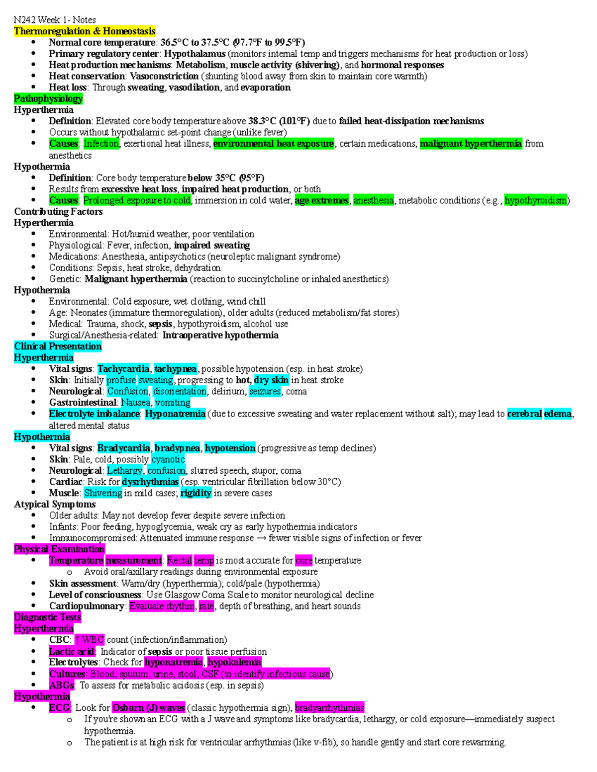 N242 Comprehensive Final Exam Notes on Thermoregulation and ...