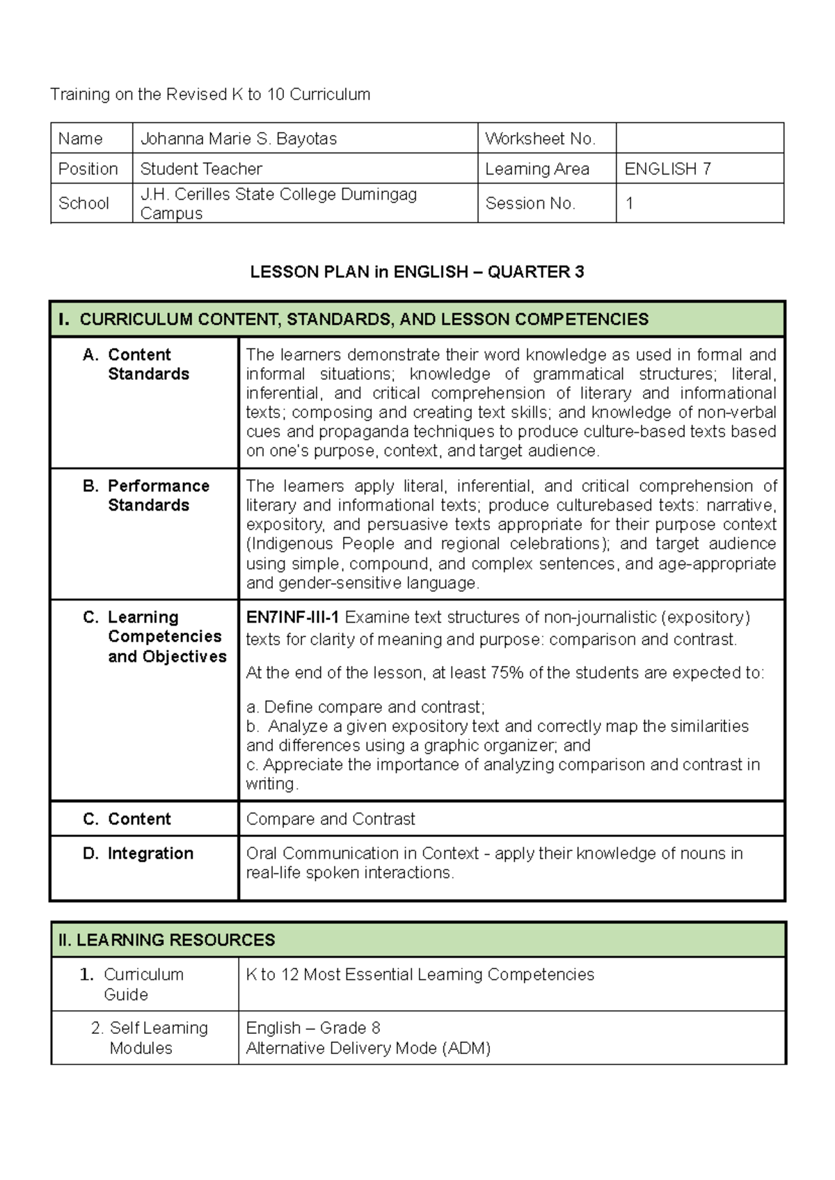 LP ENGLISH 7: Compare and Contrast Lesson Plan for Quarter 3 - Studocu