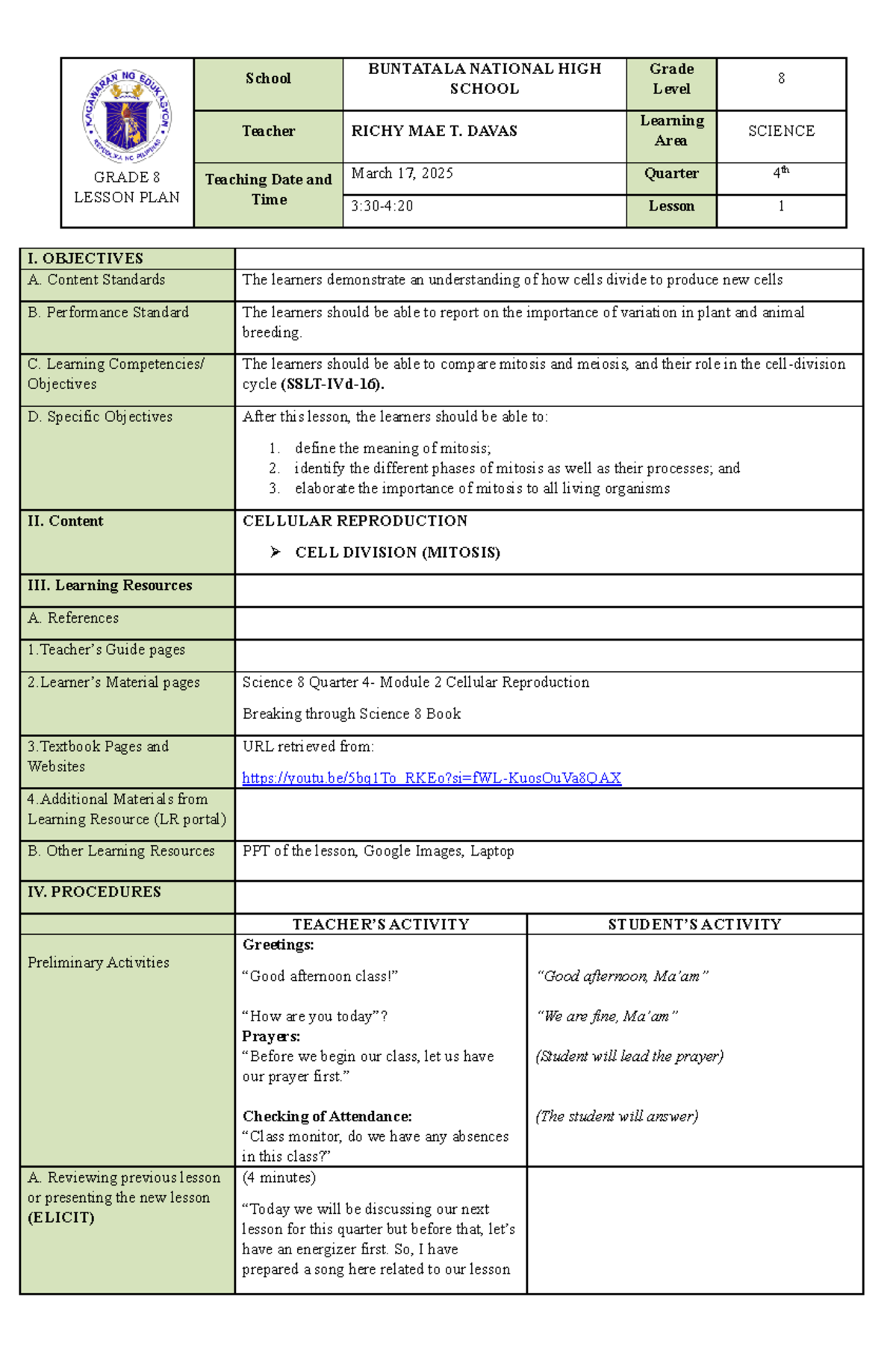 GRADE 8 SCIENCE LESSON PLAN: Understanding Mitosis and Meiosis - Studocu