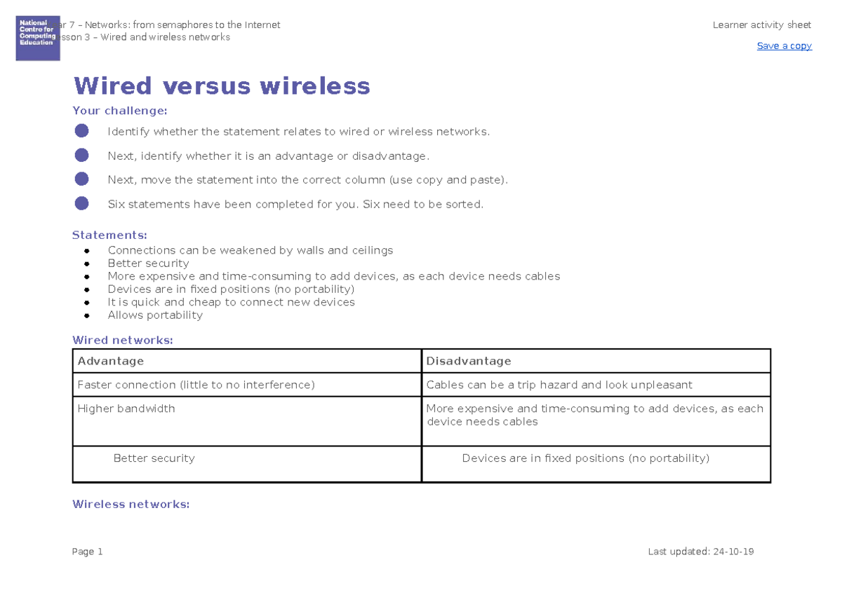 Year 7 Networks: Lesson 3 - Wired vs Wireless Learner Activity Sheet ...