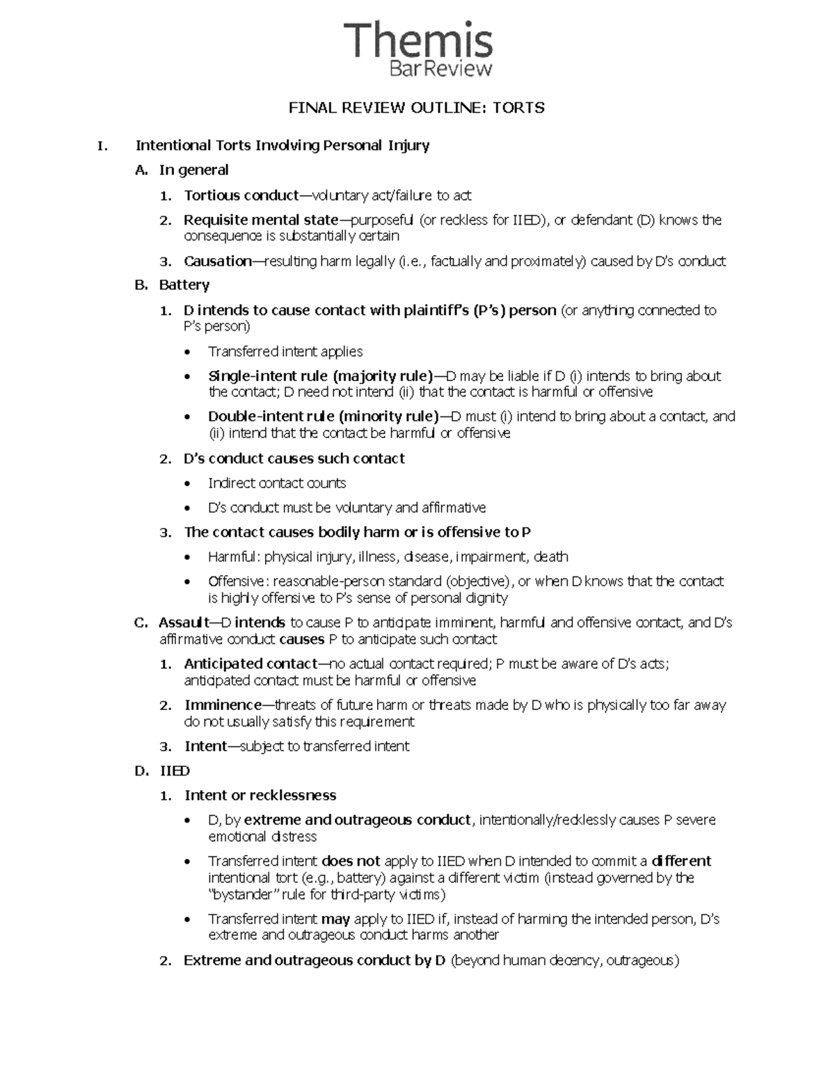 Themis Bar Review: Final Review Outline for Torts - Studocu