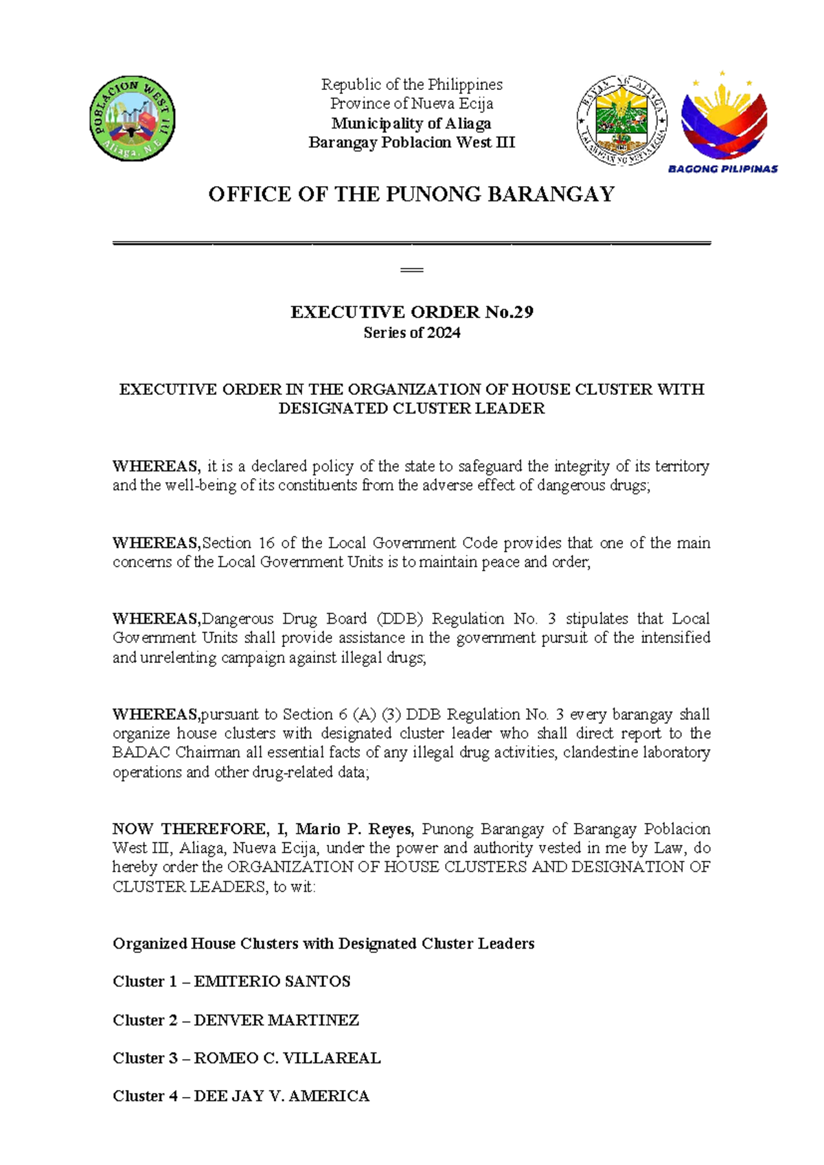 Executive Order No. 29: Organization of House Clusters in Barangay ...