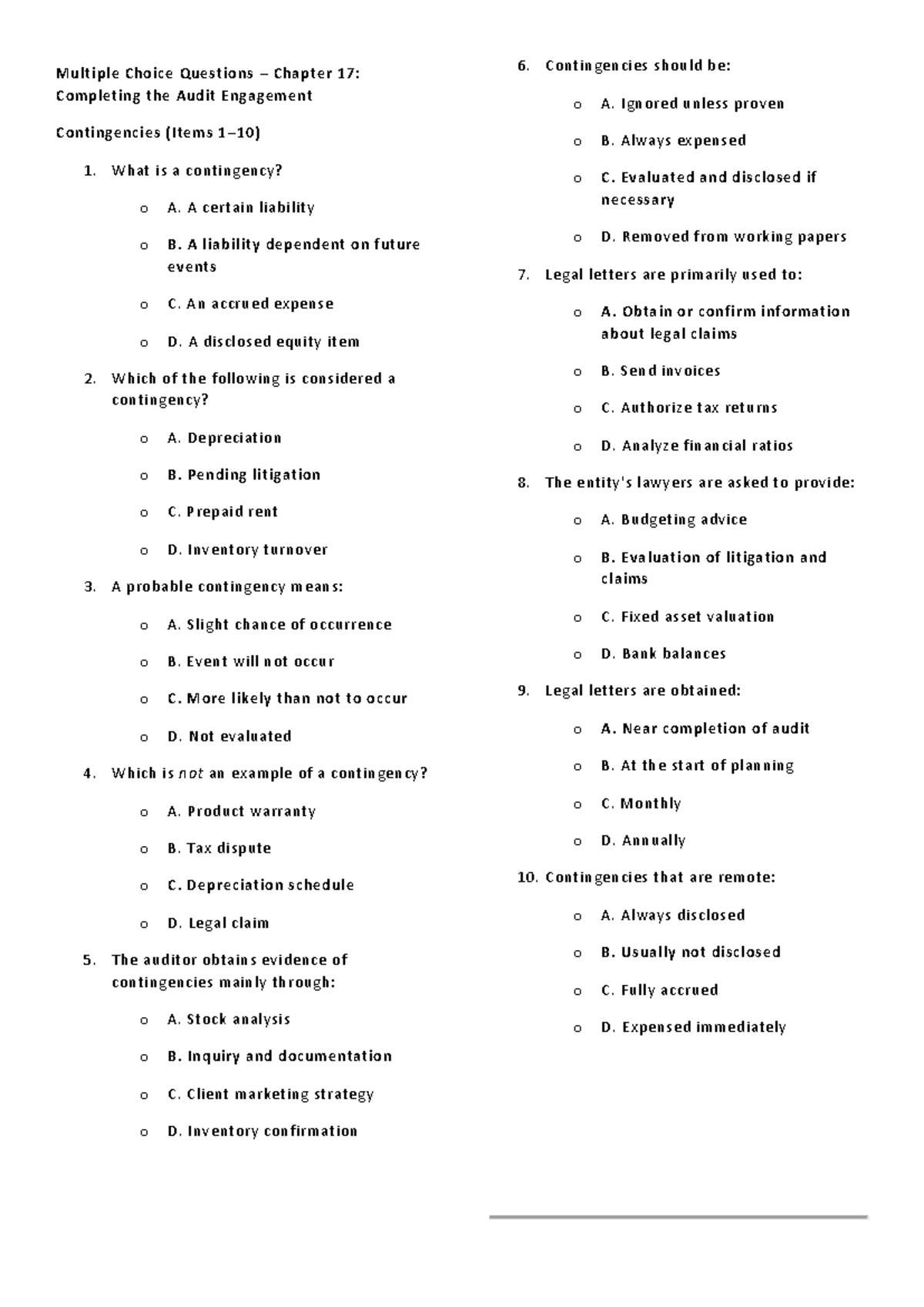 Multiple Choice Questions for Chapter 17: Audit Engagement ...