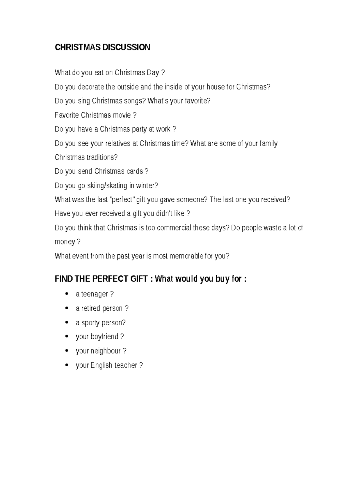 CHRISTMAS DISCUSSION & GIFT IDEAS: Traditions & Suggestions - Studocu