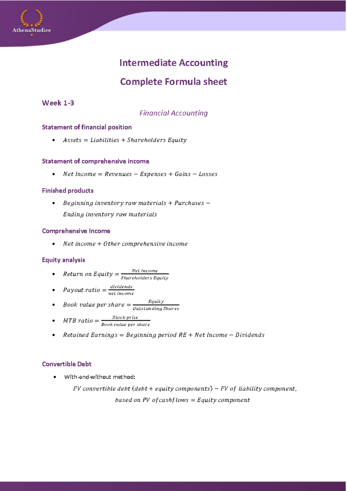 IA Intermediate Accounting Complete Formula Sheet for Weeks 1-3 ...