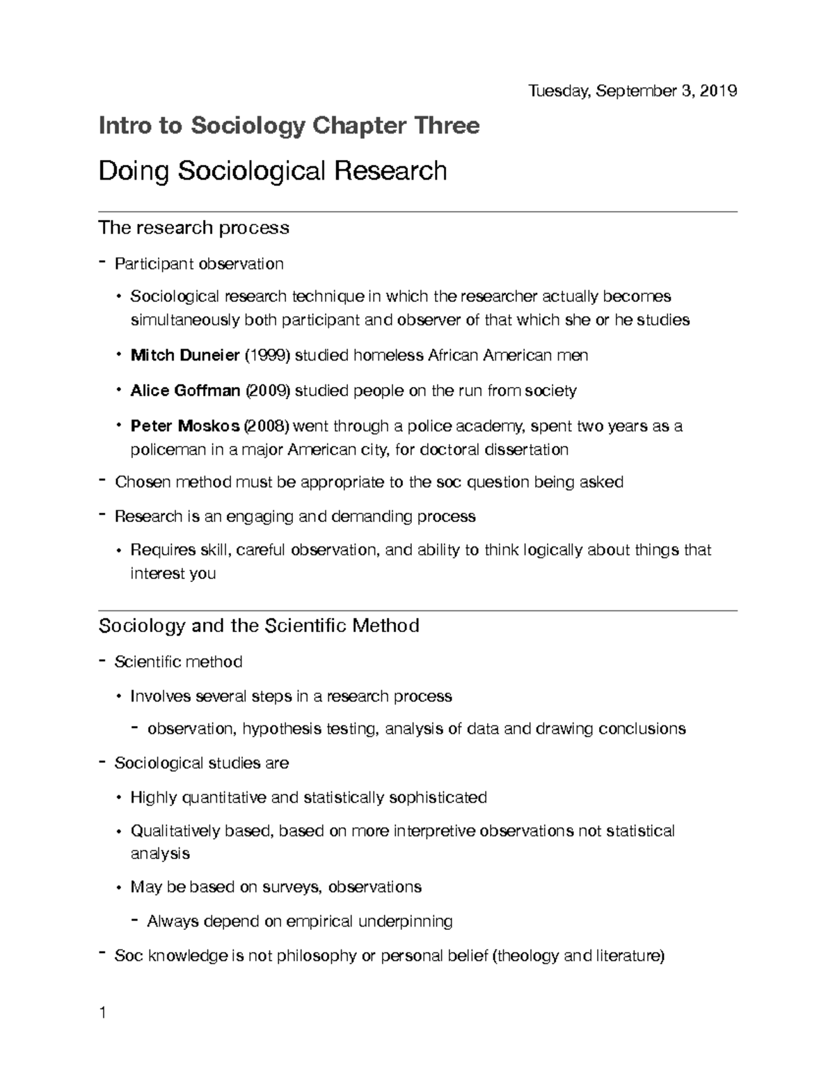 chapter 3 notes - Intro to Sociology Chapter Three Doing Sociological ...