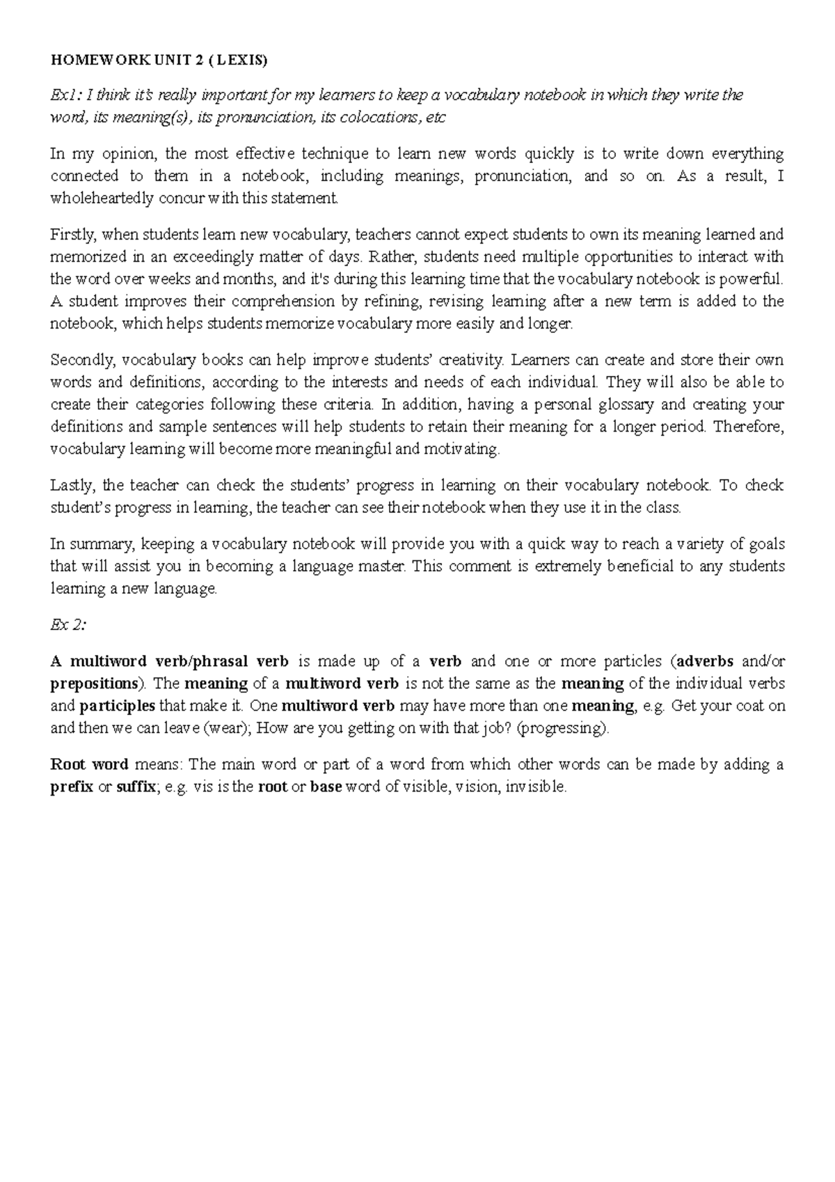 Lexis in Tesol reflection for Junior. - HOMEWORK UNIT 2 ( LEXIS) Ex1: I ...
