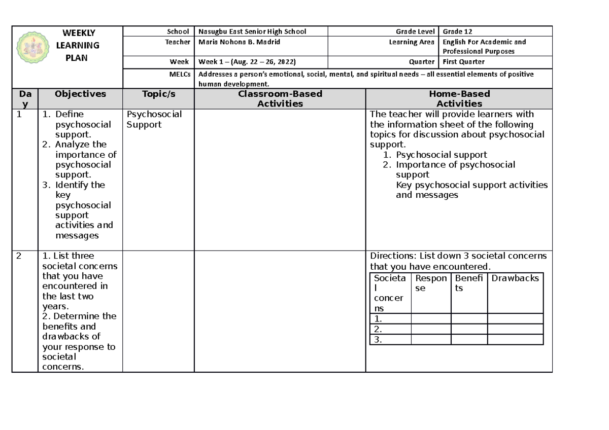 Weekly Learning Plan W1: EAPP on Psychosocial Support Activities - Studocu