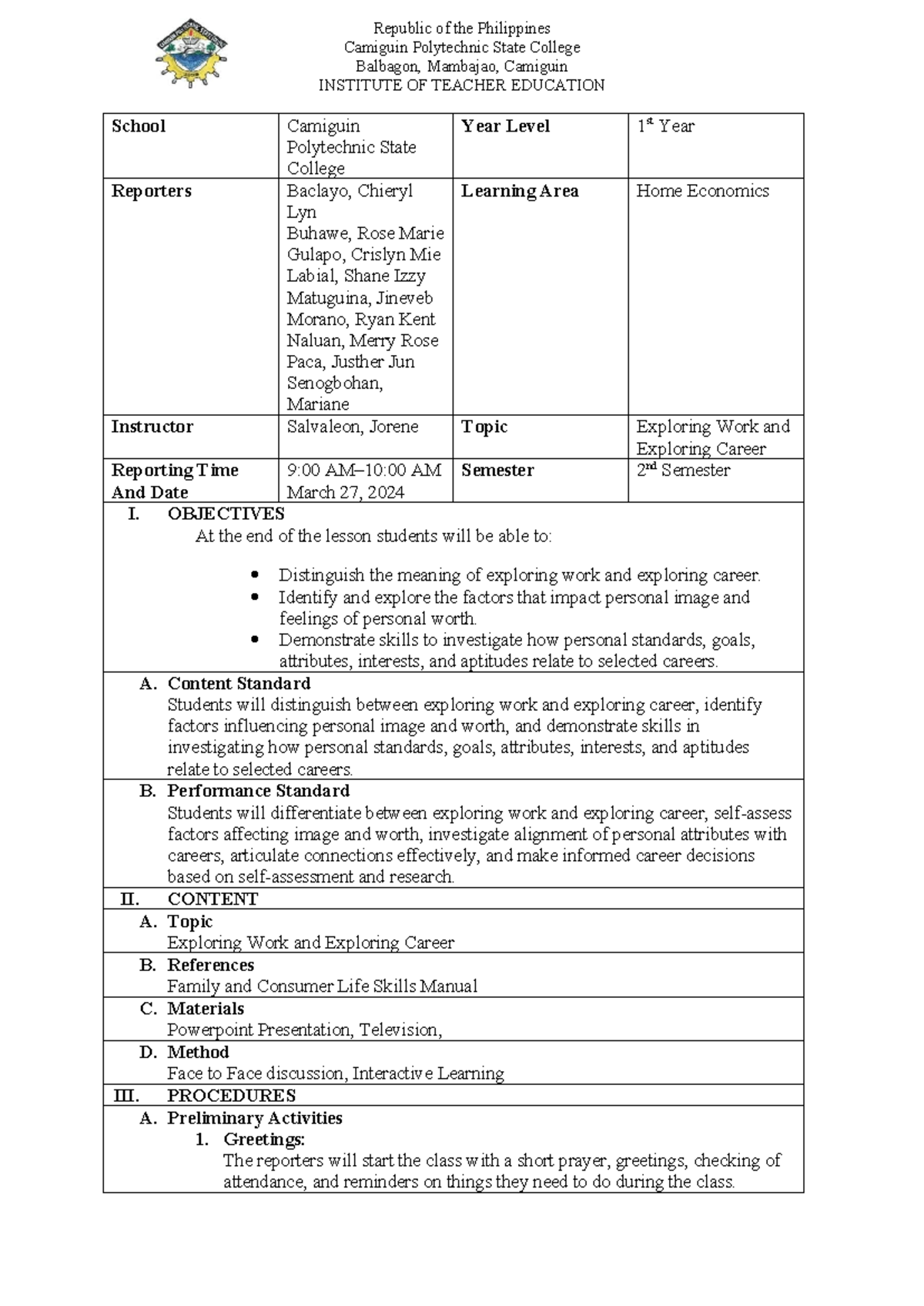 Exploring Work & Careers: Class Report - Home Econ (2nd Sem) - Studocu