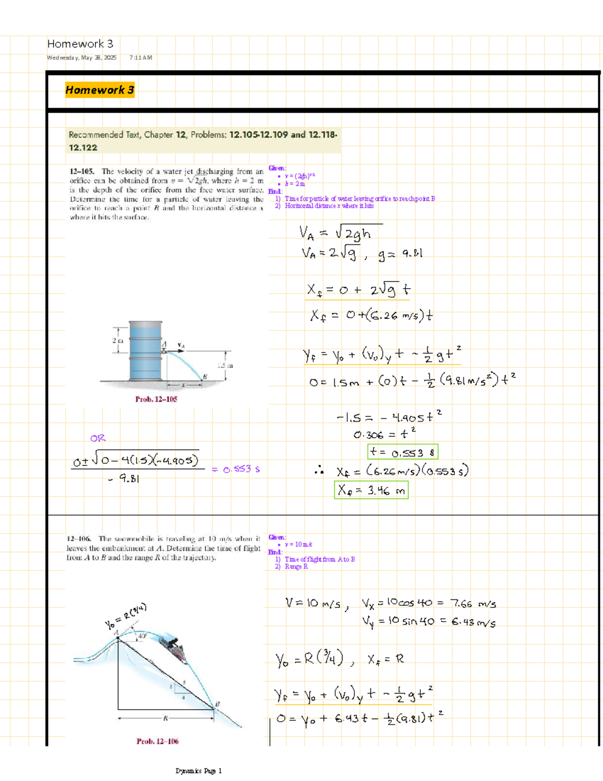 Dynamics Homework 3: Time, Range, and Velocity Calculations - Studocu