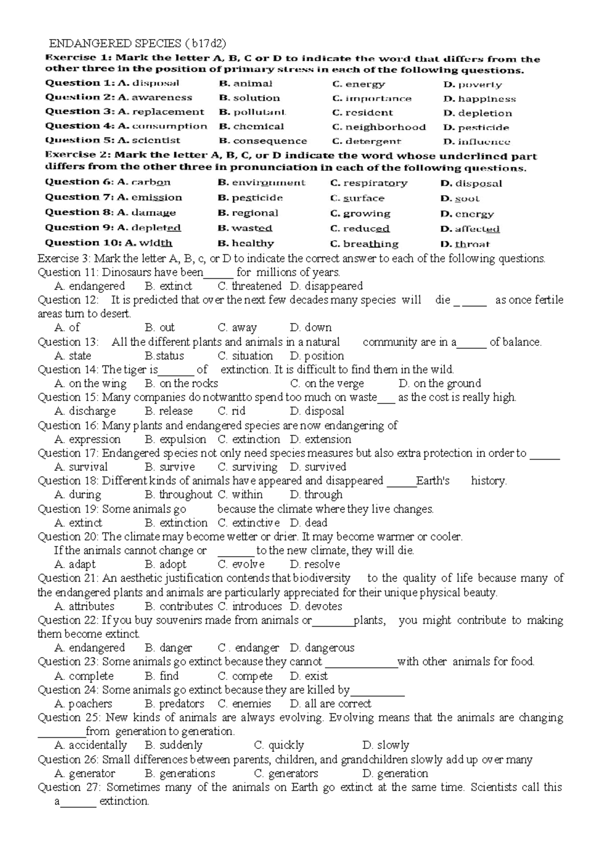 B17 - Endangered Species Quiz Questions and Exercises - Studocu