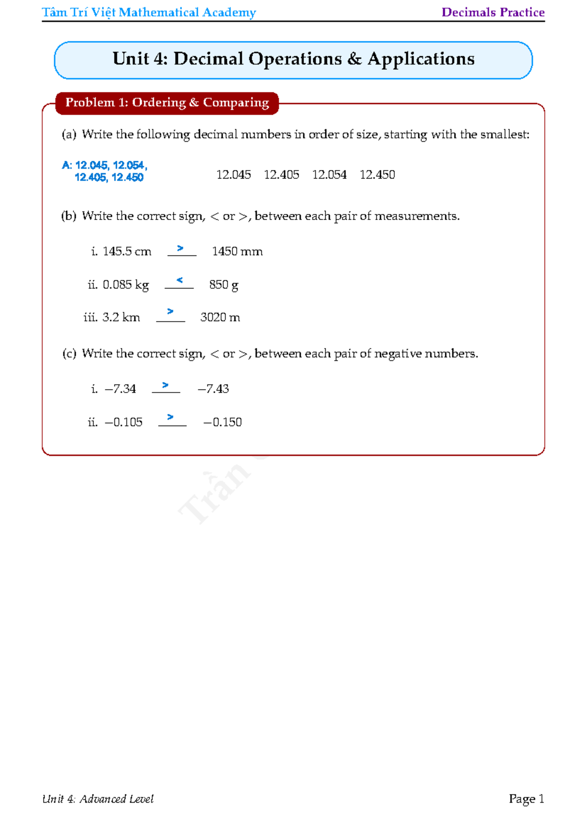 Tâm Trí Việt Math Academy Unit 4: Decimals Practice & Applications ...