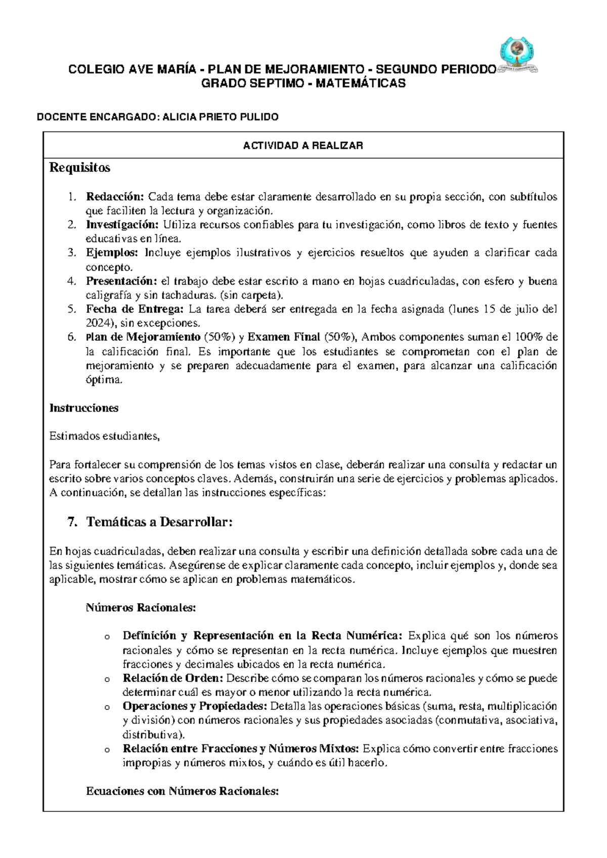 COLEGIO AVE MARÍA PLAN DE MEJORAMIENTO MATEMÁTICAS GRADO 7 SEGUNDO ...