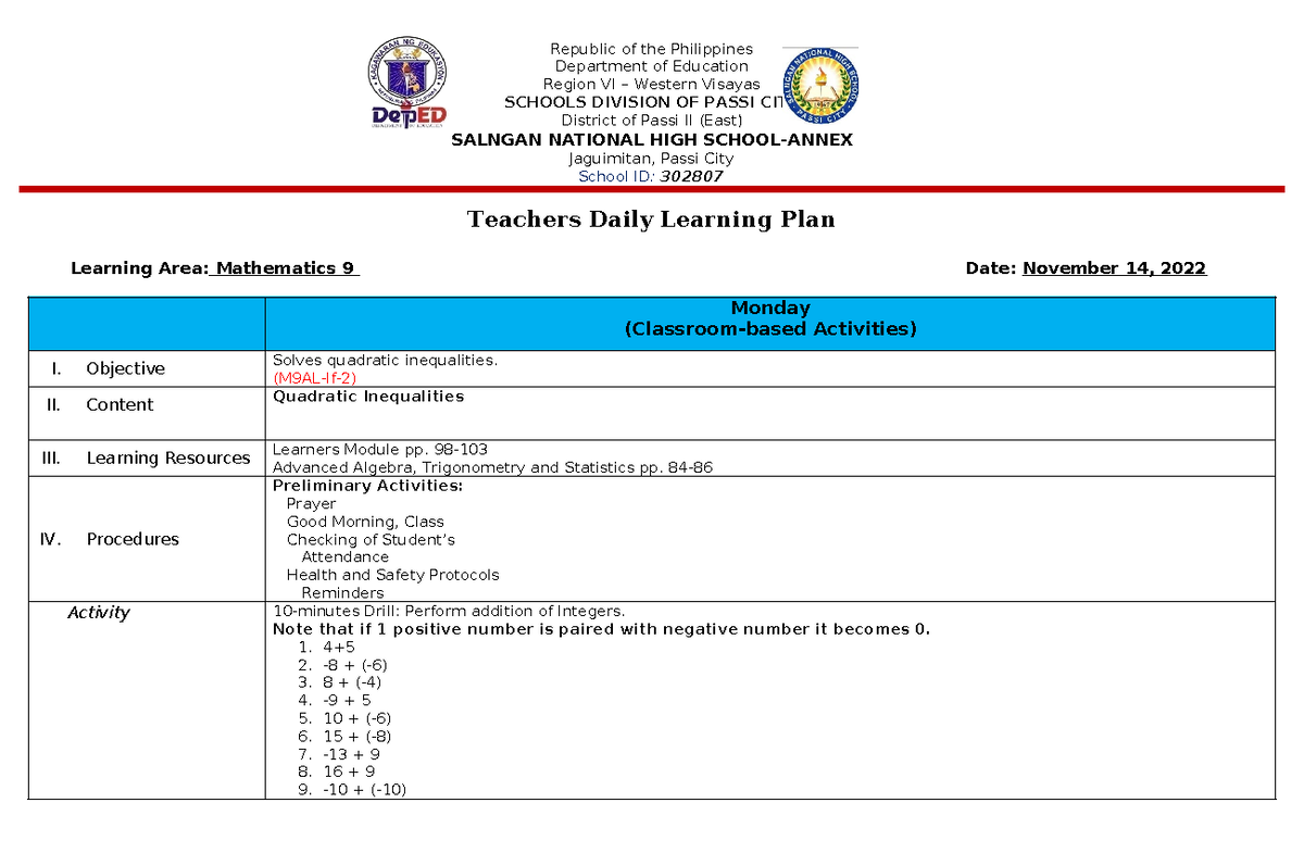 Mathematics 9 Lesson Plan: Solving Quadratic Inequalities (M9AL-If-2 ...