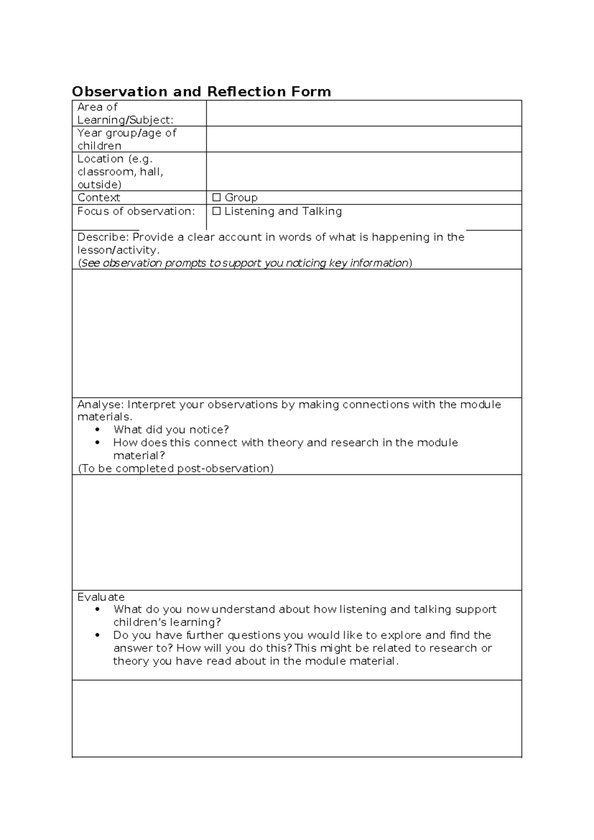 Observation and Reflection Form: Group Listening & Talking Analysis ...