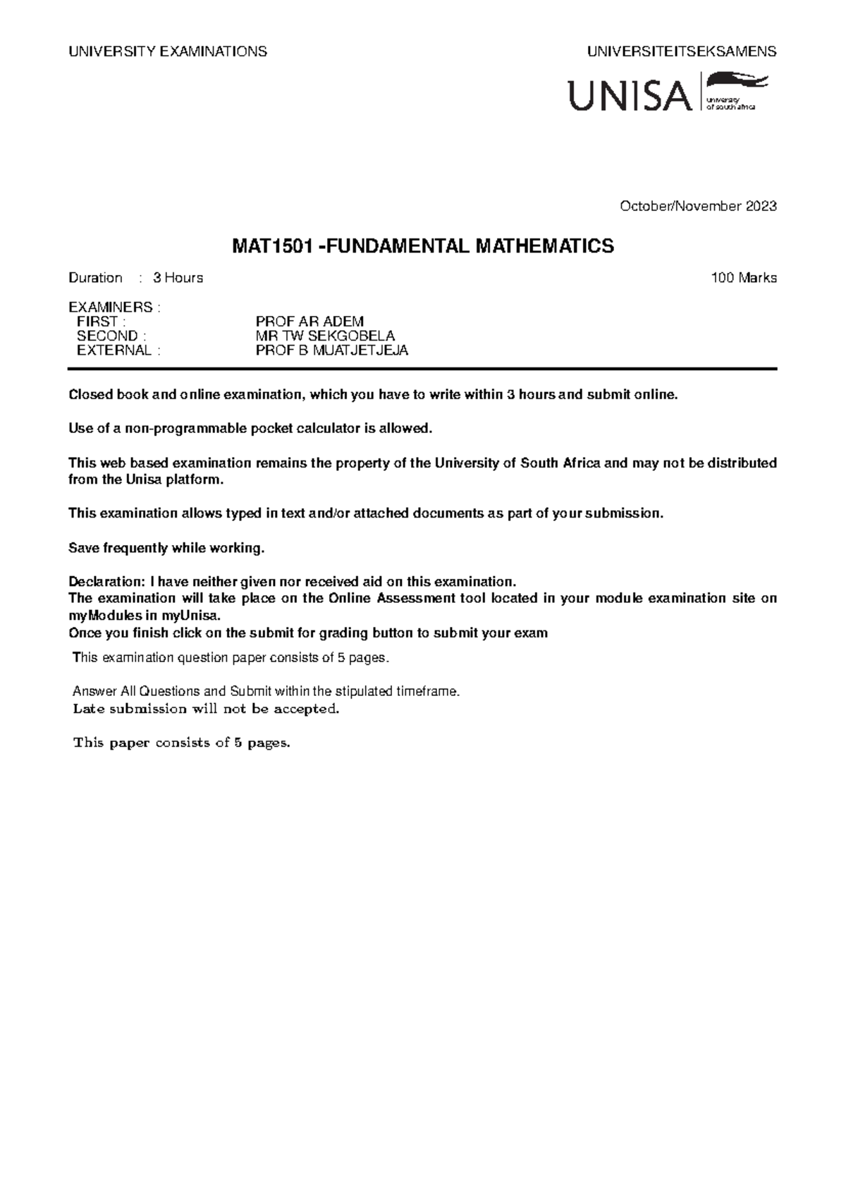 MAT1501 Oct-Nov 2023 - Fundamental Mathematics Exam Paper - Studocu