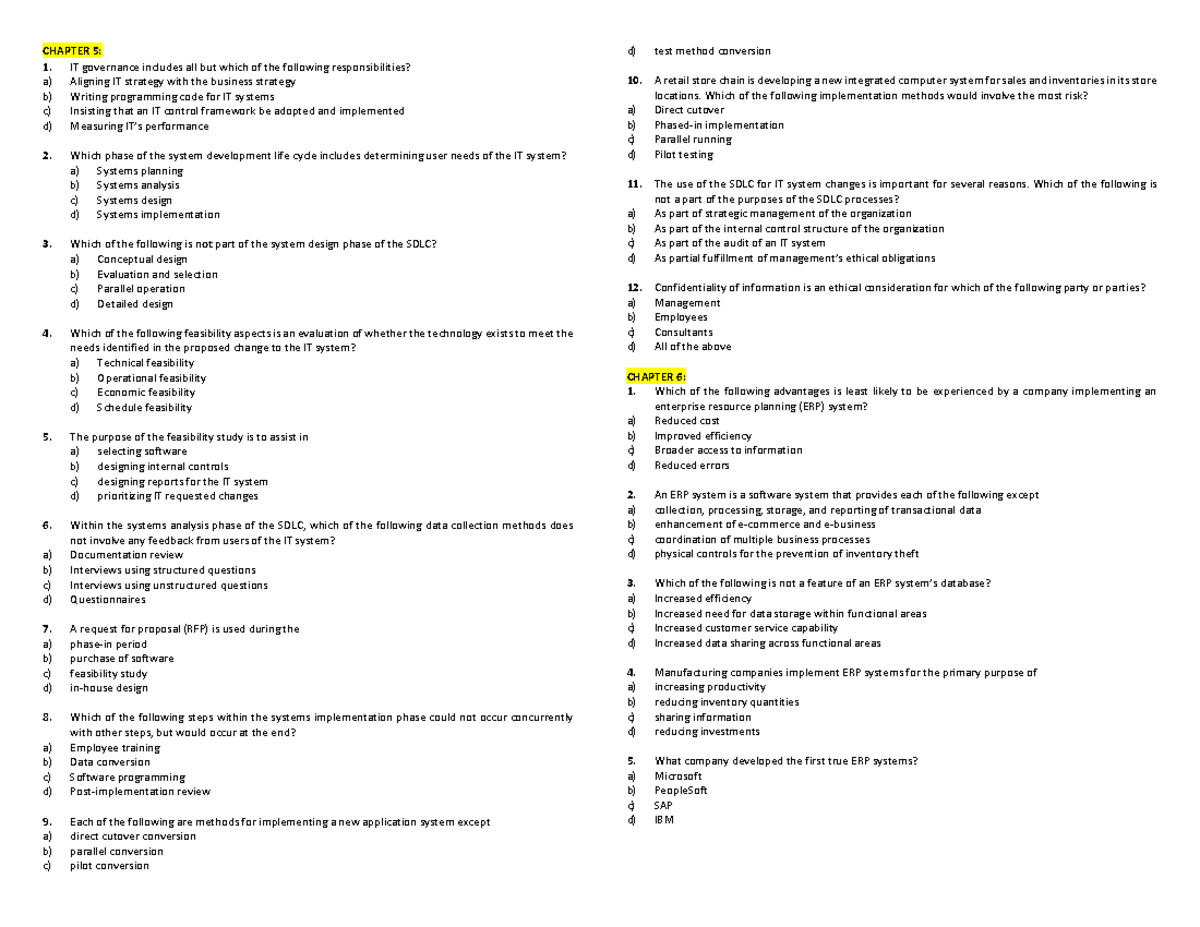 AIS Practice Test: IT Governance, SDLC, and ERP Systems - Studocu