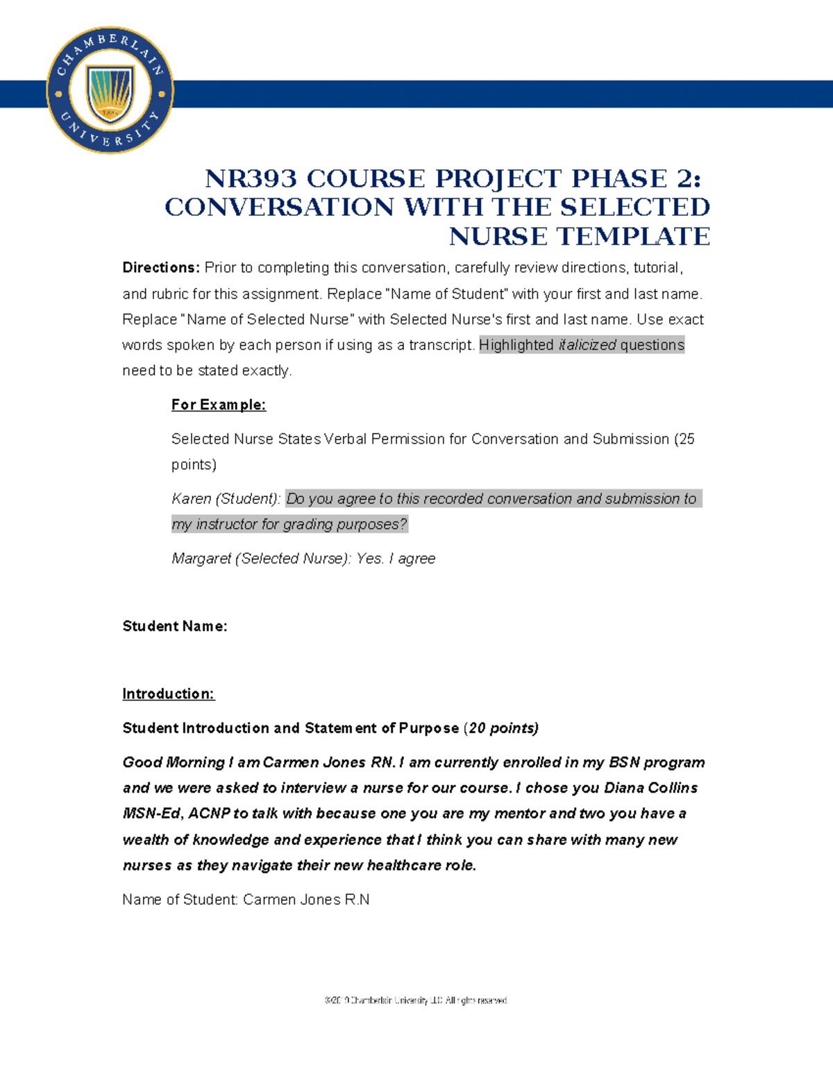 NR393 W3 Course Project Phase 2 Conversation with Selected Nurse ...