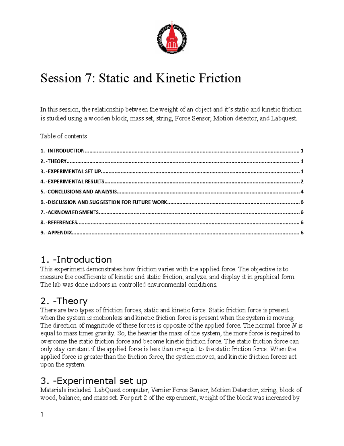 PHYS LAB-Session 7-Static and Kinetic Friction Lab Report - Session 7 ...