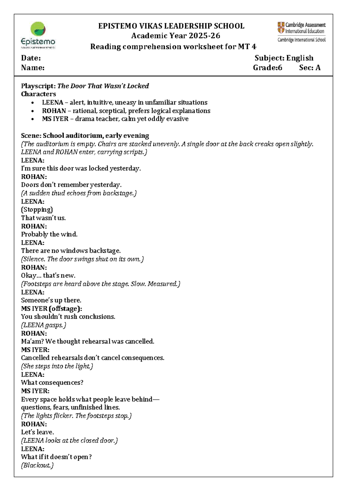 Reading Comprehension Worksheet for MT 4: The Door That Locked - Studocu
