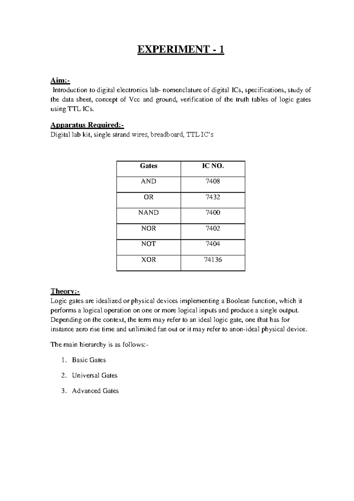 Digital Electronics-LAB Manual - EXPERIMENT - 1 Aim:- Introduction to ...