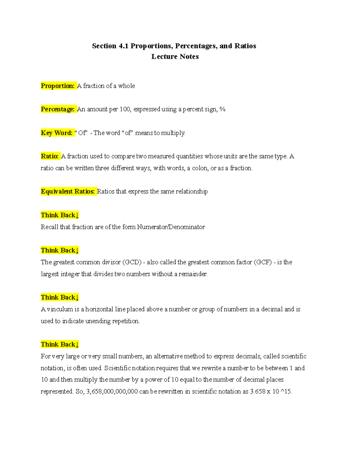 Lecture Notes on Proportions, Percentages & Ratios - Section 4.1 - Studocu