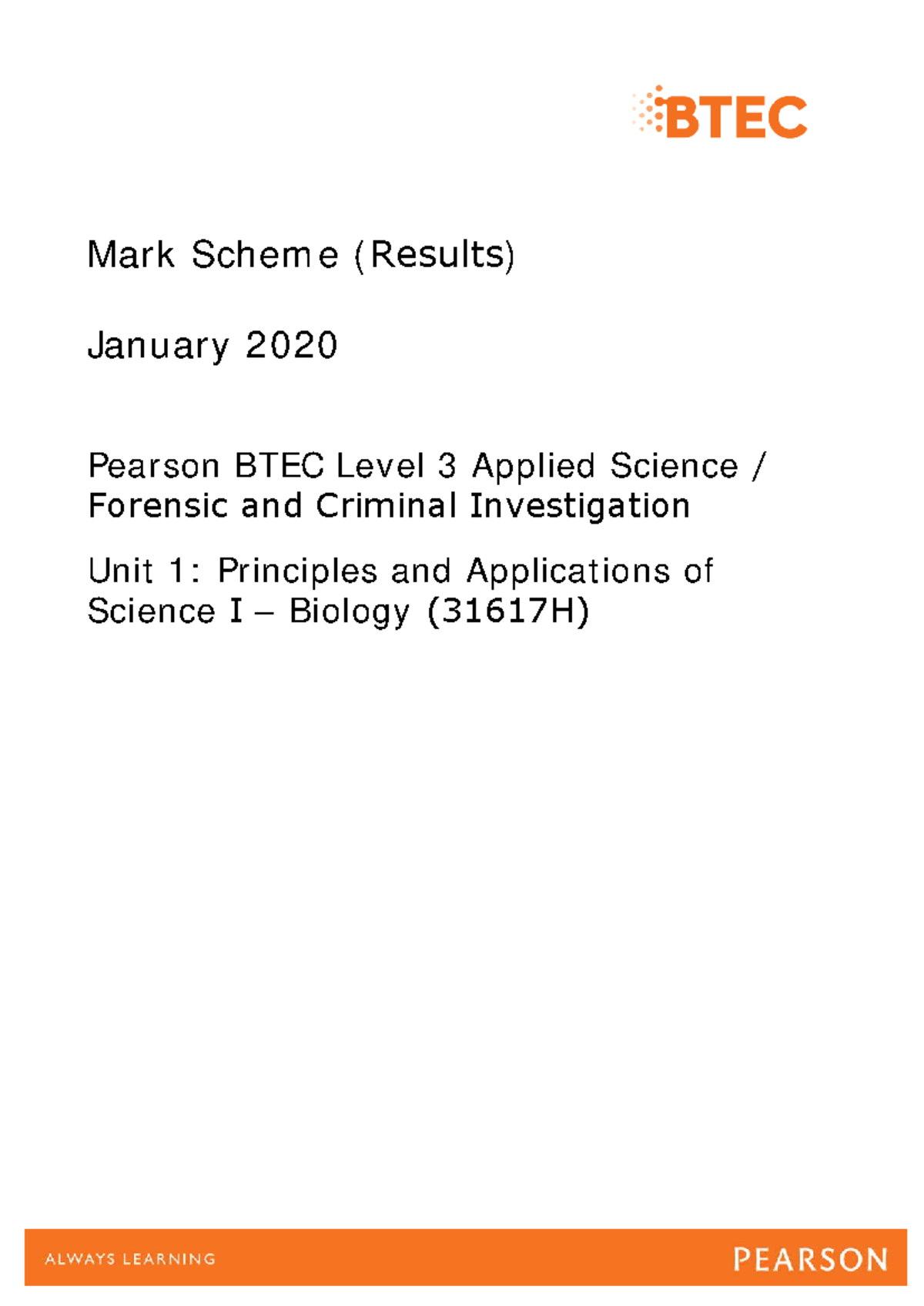 BTEC Level 3 Applied Science Final Exam Mark Scheme Unit 1 (31617H ...