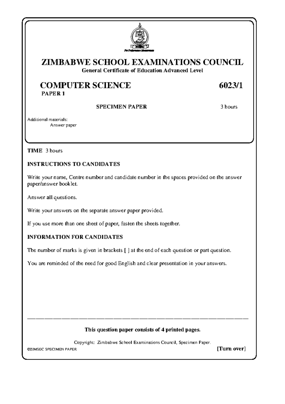 6023Q1 Specimen Paper: A Level Computer Science Exam Guide - Studocu