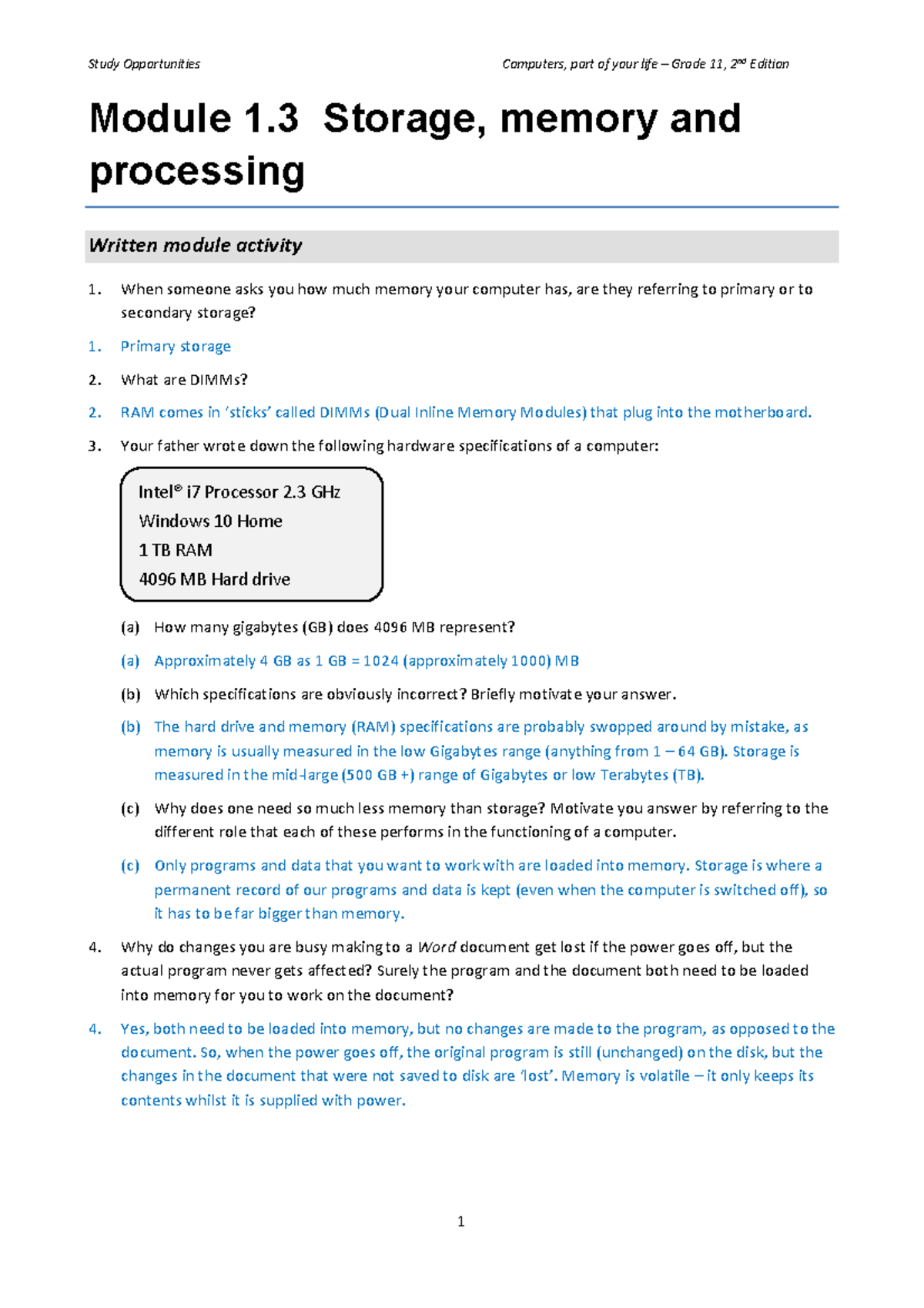 1-3 Mem Storage Processing Answers CAT - Studocu