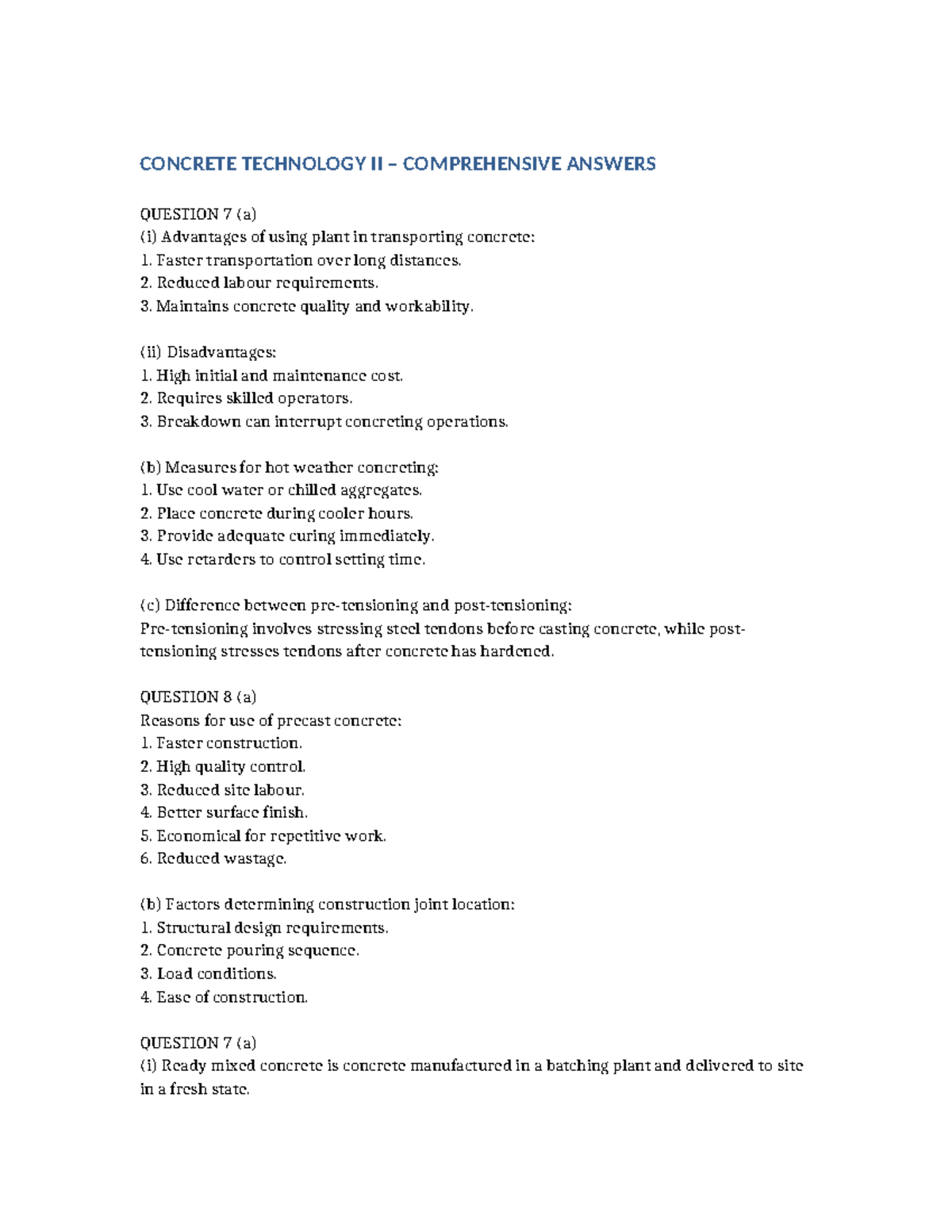 Concrete Technology II Final Exam Comprehensive Answers - Studocu