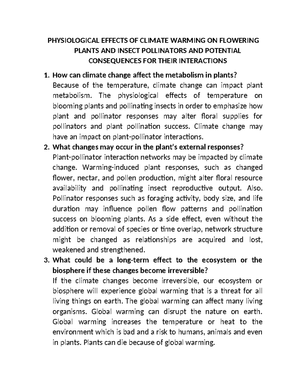 Physiological Effects of Climate Change on Plants and Pollinators ...