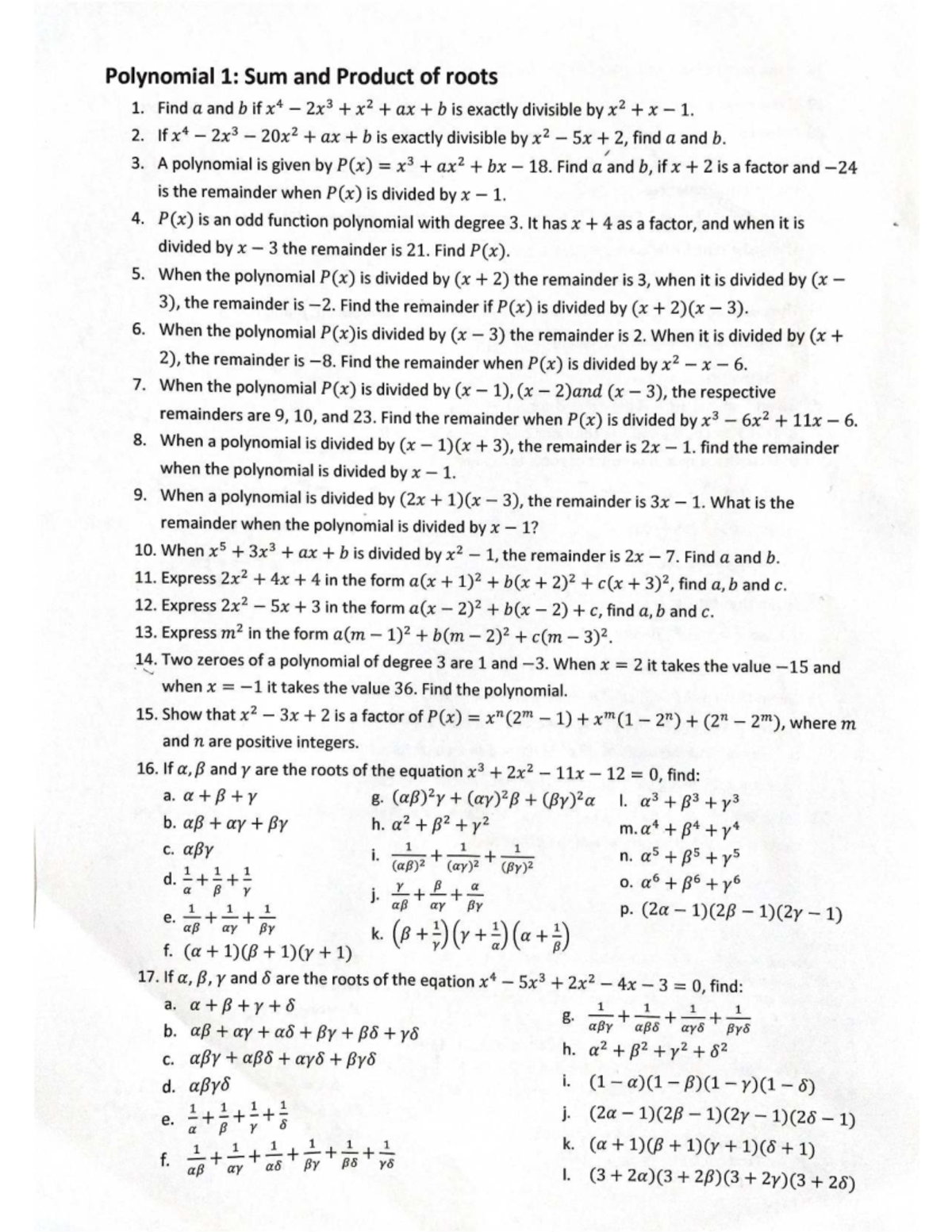 Polynomials 1-2: Sum, Product of Roots & Factorization Revision - Studocu