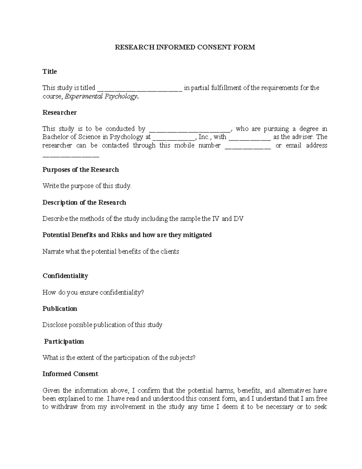 Experimental Psychology Research Informed Consent Form - Studocu
