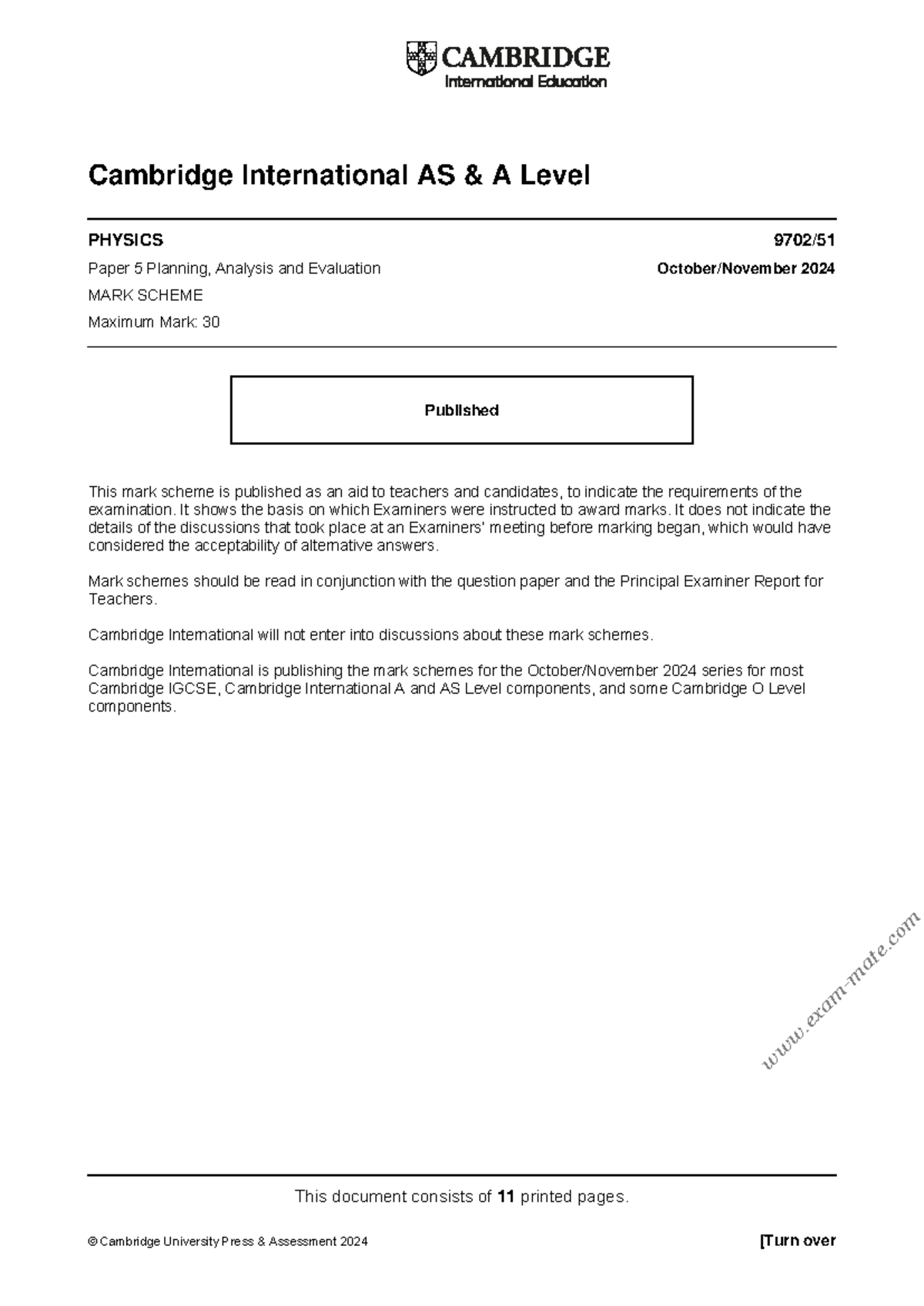 Cambridge International AS A Level PHYSICS Paper 5 Mark Scheme 2024 ...