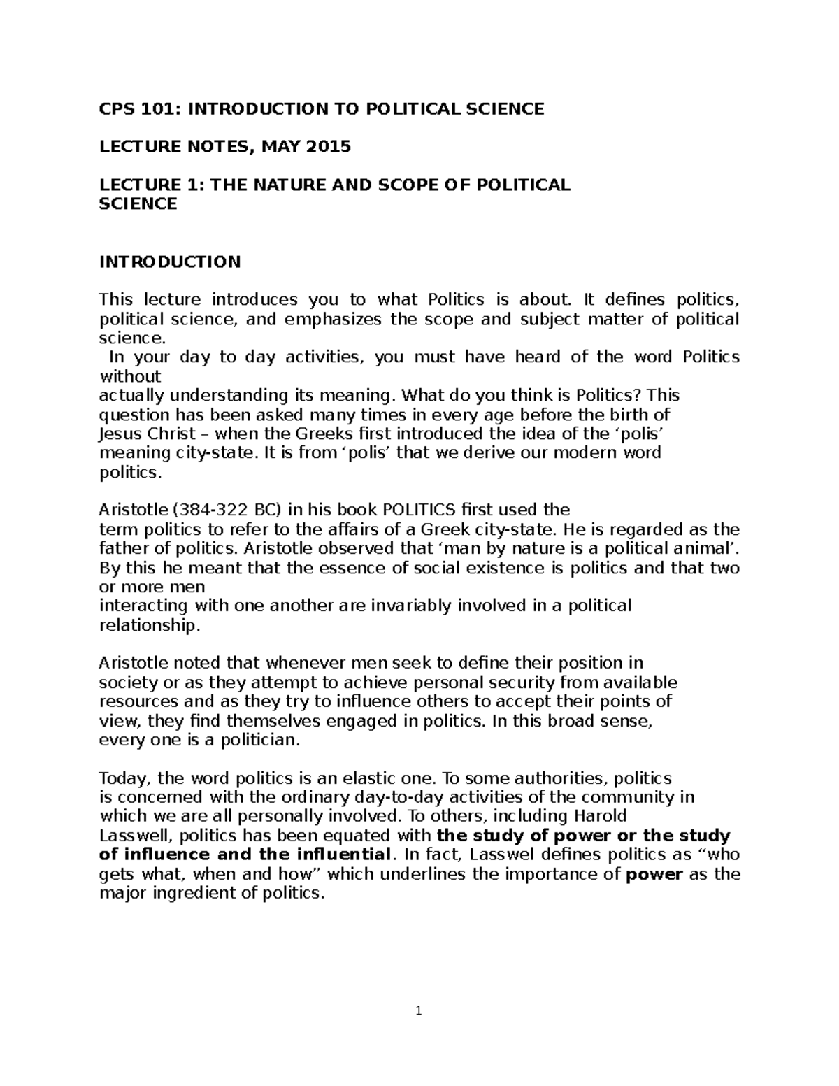 CPS 101 Lecture Notes, Lecture 1 and 2 - CPS 101: INTRODUCTION TO ...