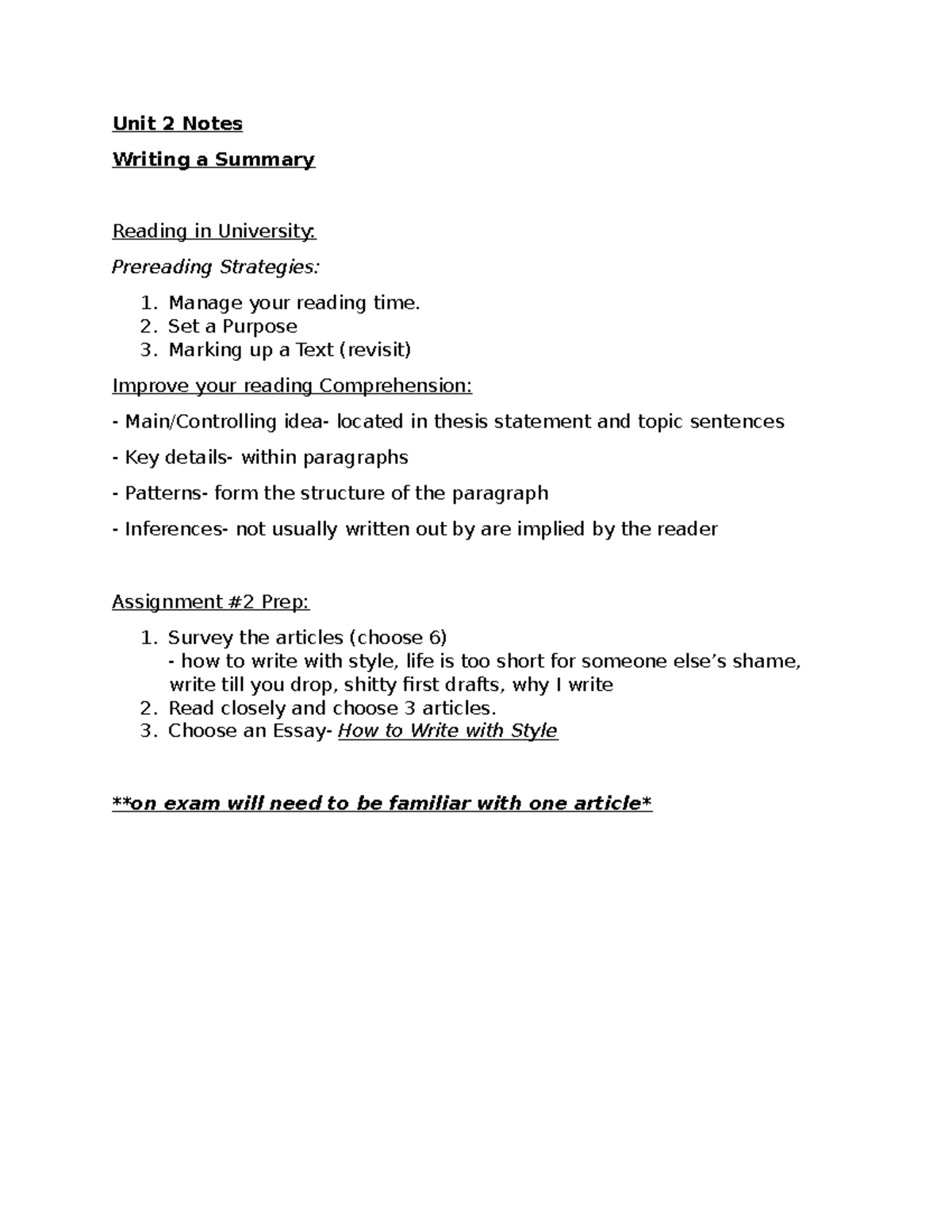 Unit 2 Notes - Unit 2 Notes Writing a Summary Reading in University ...