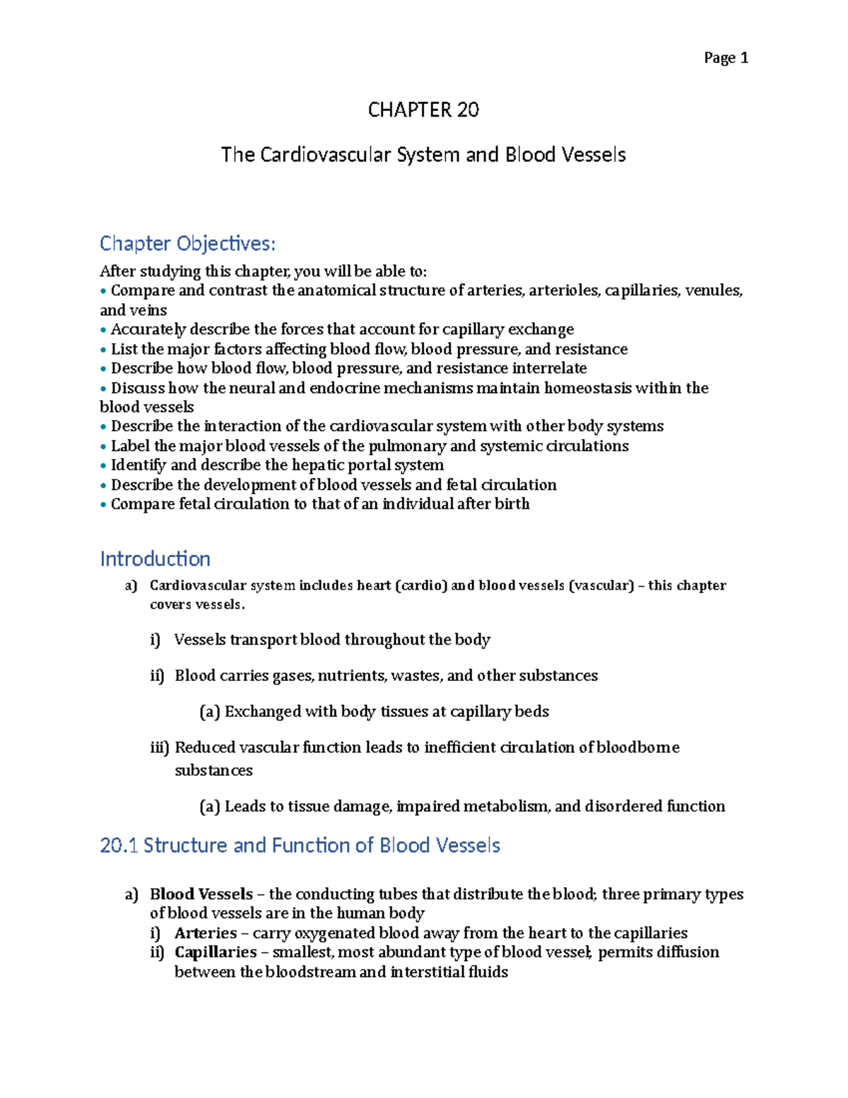 Chapter 20: The Cardiovascular System and Blood Vessels Overview ...