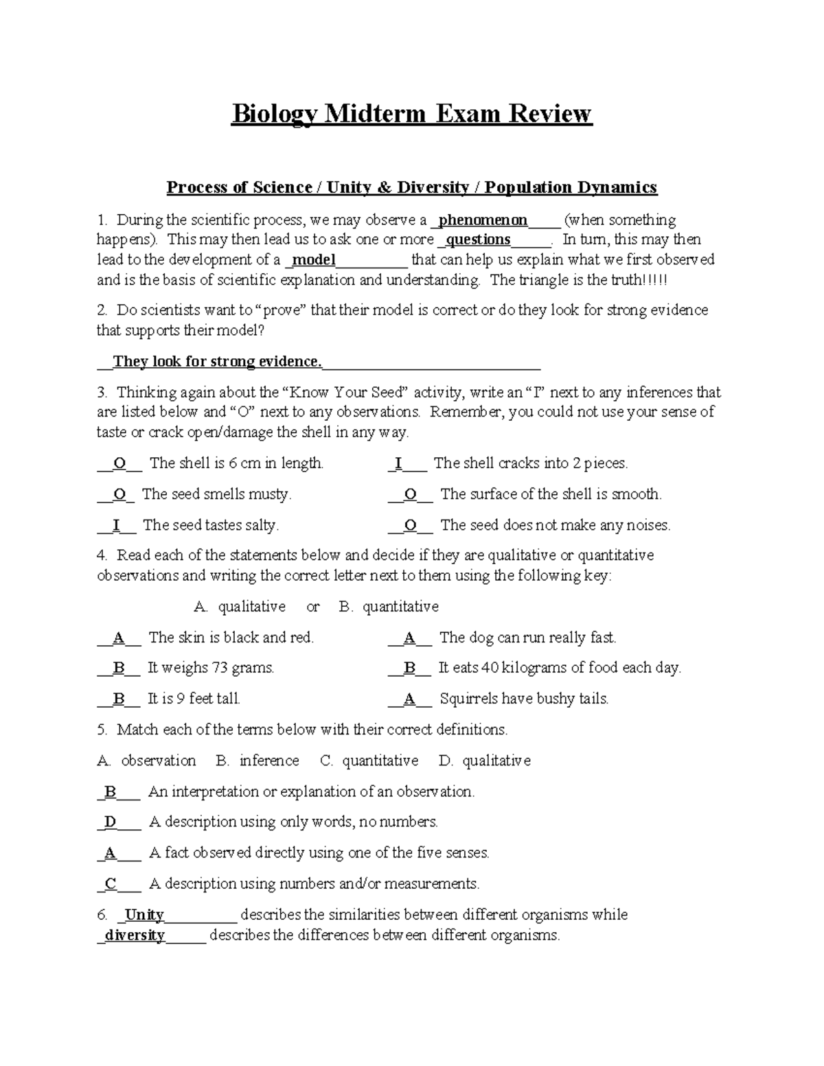 Biology 101: Midterm Exam Review Key and Study Guide - Studocu