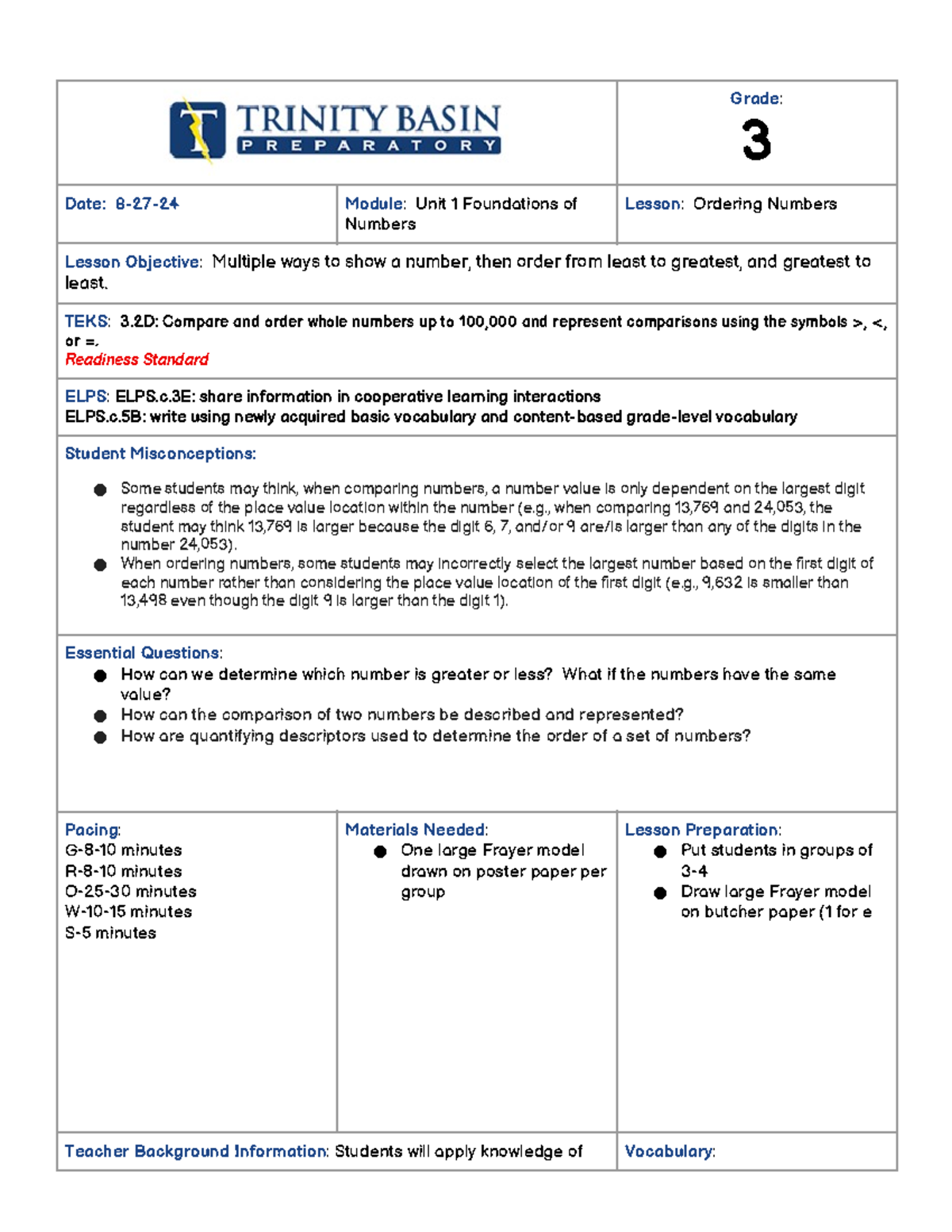 3rd Grade Lesson plan 8-27-24 - Grade: 3 Date: 8-27-24 Module: Unit 1 ...