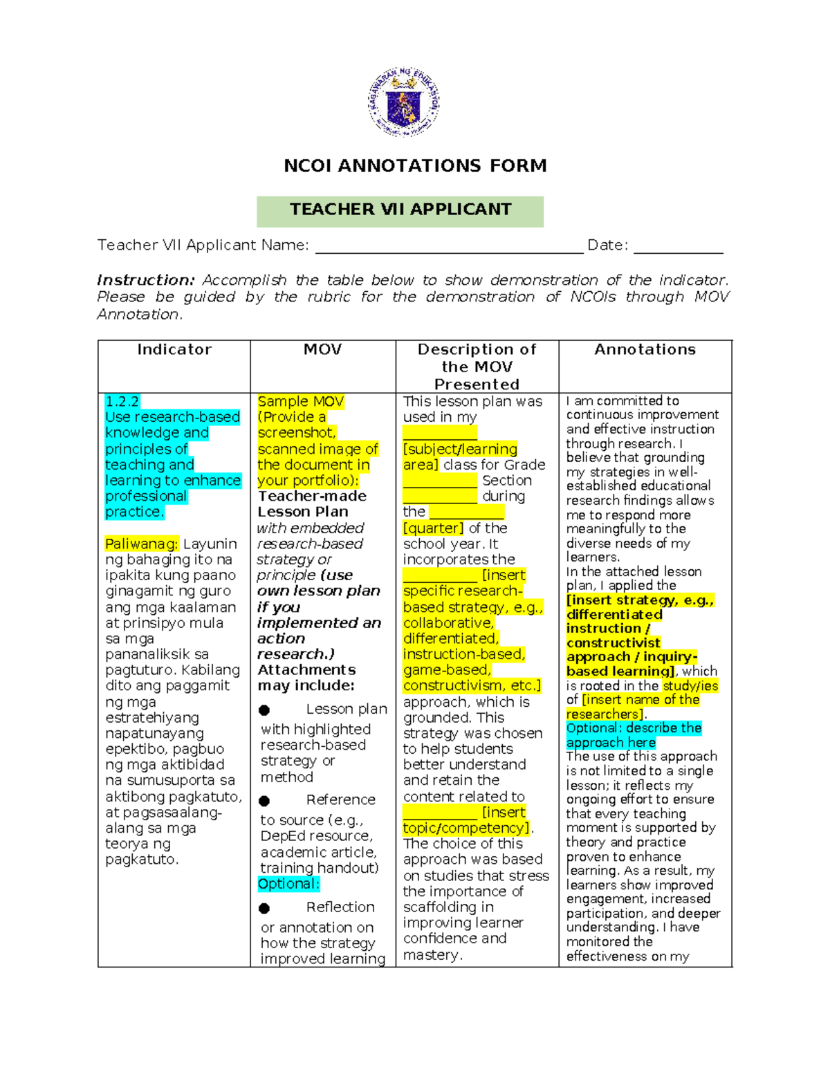 NCOI Teacher VII Applicant Sample Annotations and MOVs - Studocu