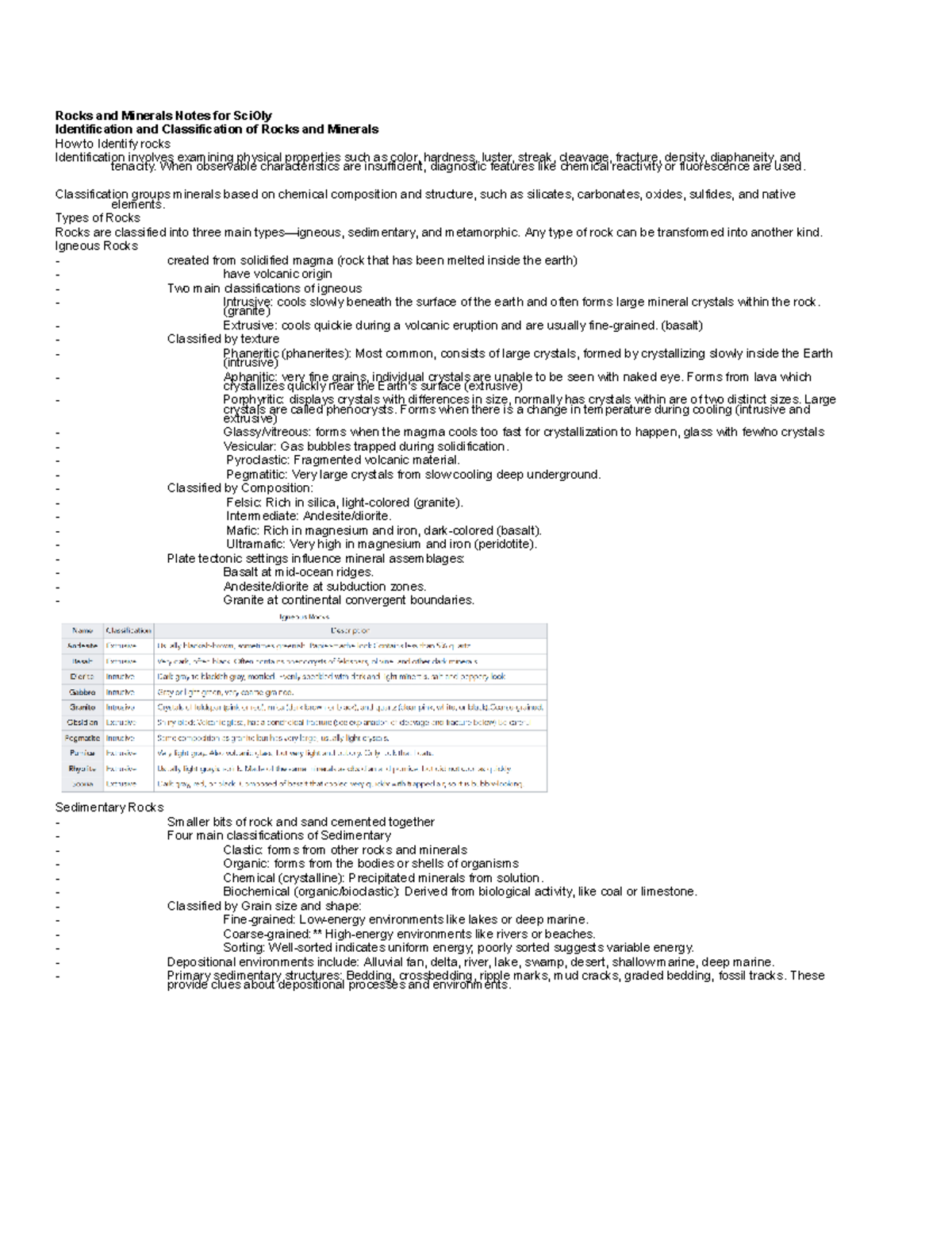SciOly 2025 Final Exam Study Guide: Rocks & Minerals Identification ...