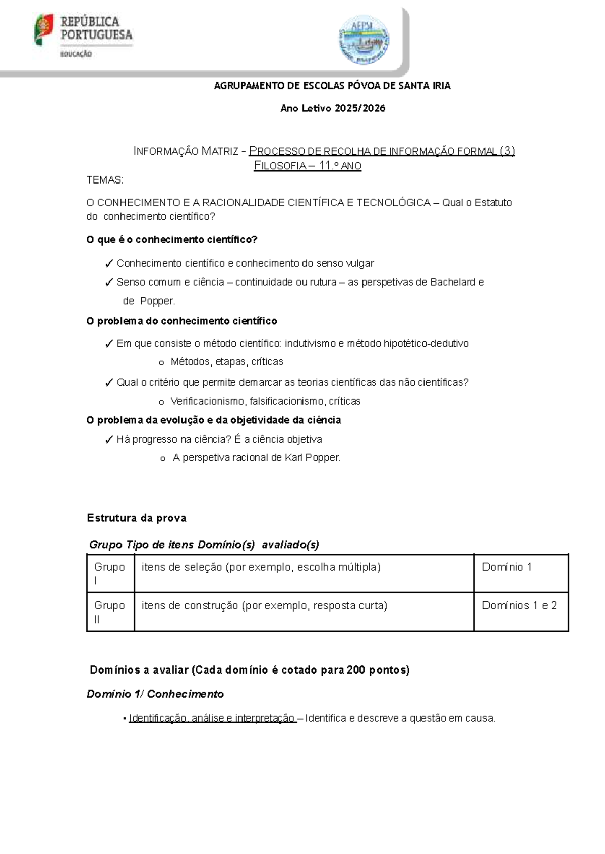 Prova de Filosofia 11.º Ano - Informação Matriz - Studocu