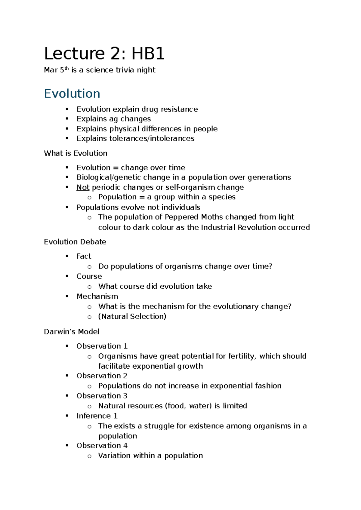 Lecture 2: HB1 - Understanding Evolution and Natural Selection - Studocu