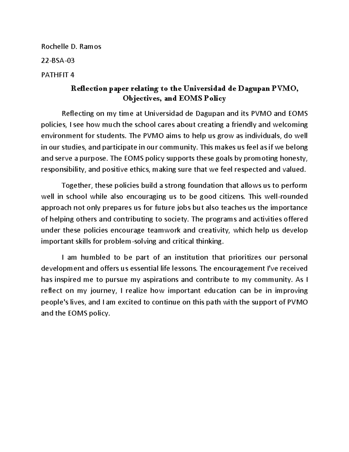 PATHFIT 4 Reflection Paper on PVMO & EOMS Policies at Universidad de ...