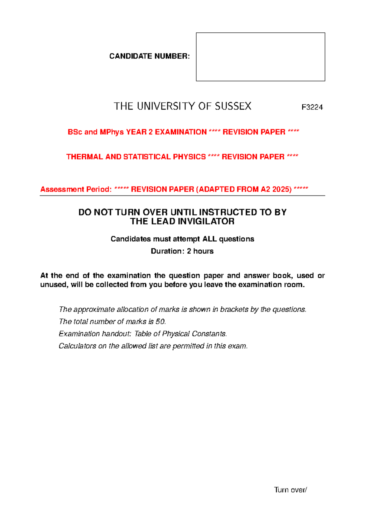 F3224 THERMAL AND STATISTICAL PHYSICS REVISION PAPER (A2 2025) - Studocu