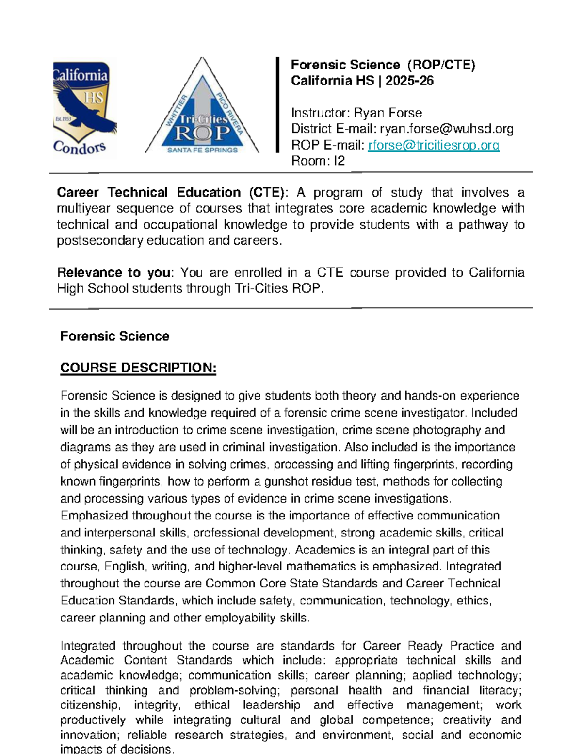 Forensic Science CTE Curriculum Overview for California HS (2025-26 ...