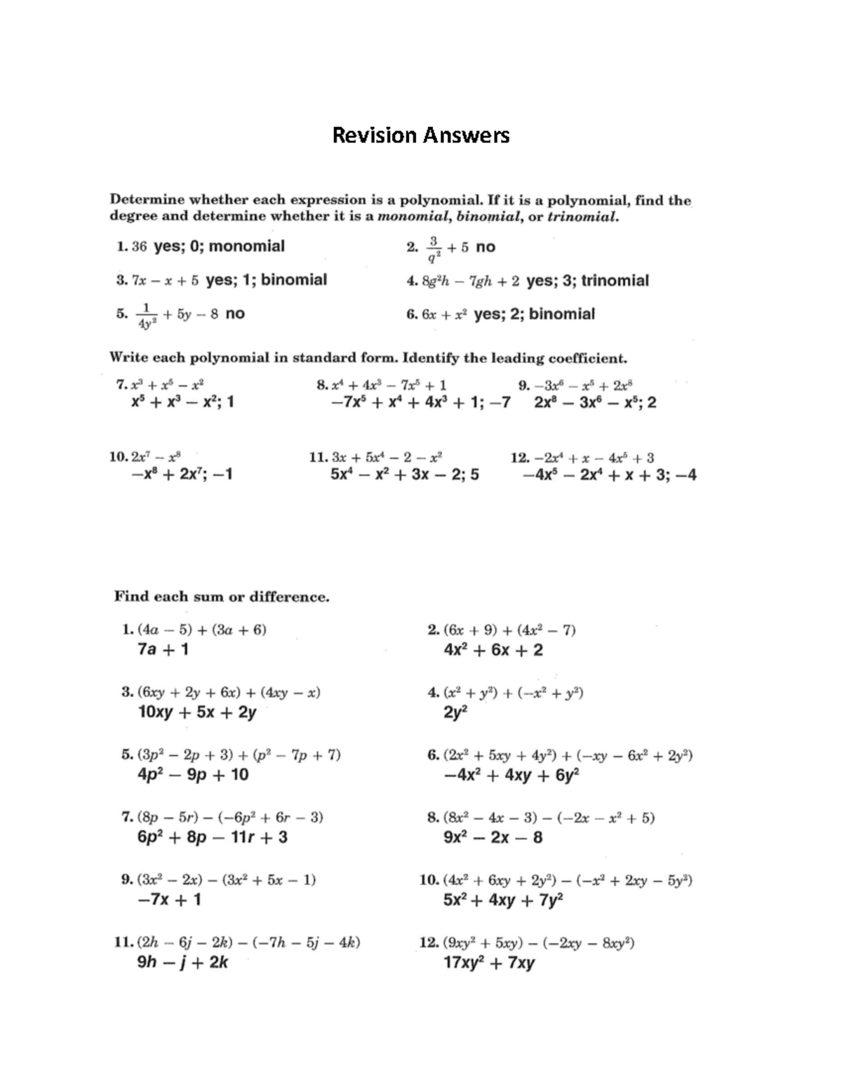 Revision Answers - McGraw Hill Algebra 1 Polynomial Analysis and ...